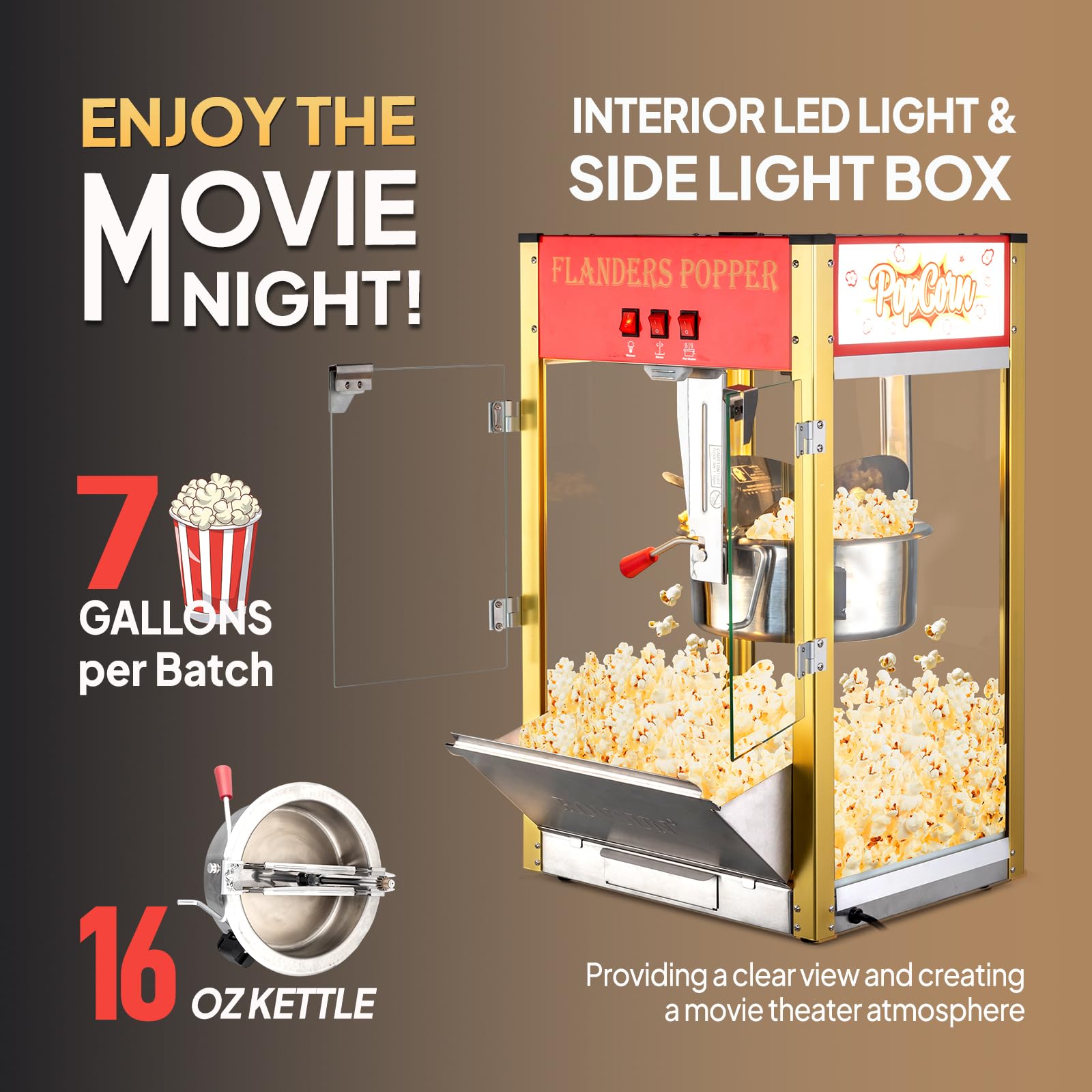 ROVSUN Commercial Popcorn Machine Movie Theater Style with 16 Ounce Kettle, Countertop Popcorn Maker Machine w/Stainless Steel Scoop, Oil Spoon & 3 Popcorn Cups (Red)