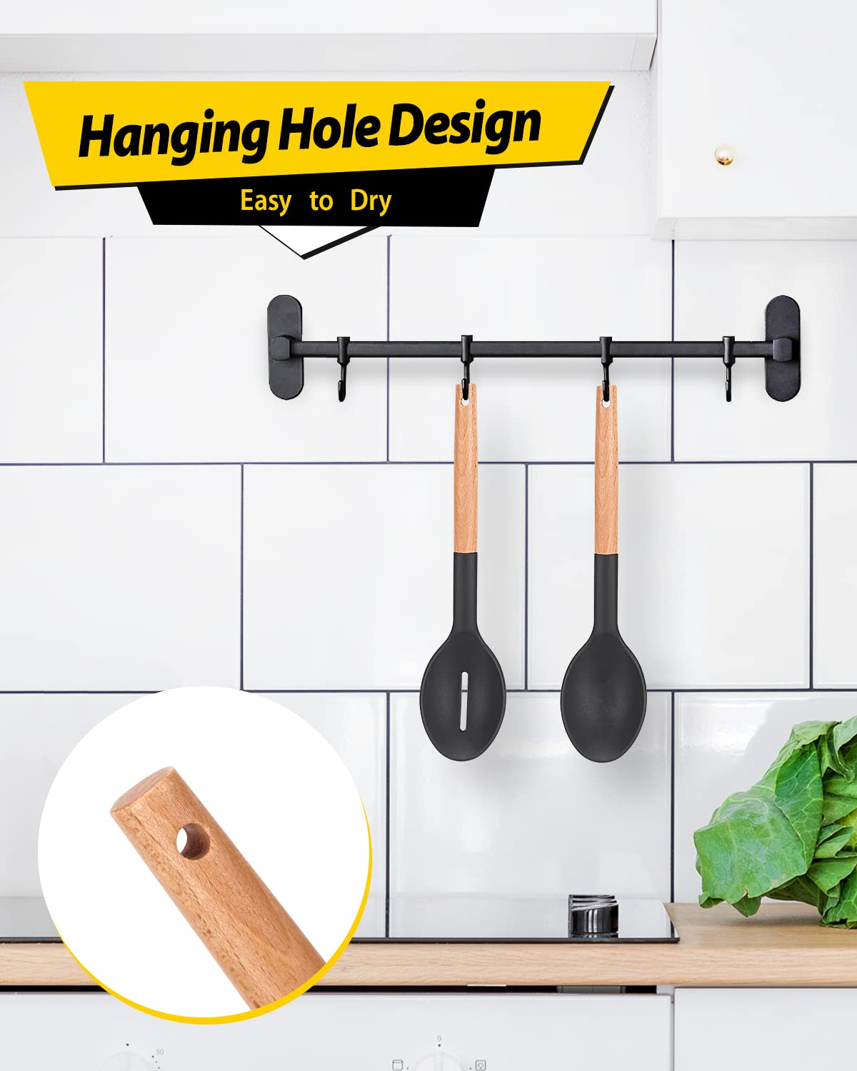Pack of 2 Large Silicone Cooking Spoons,Non Stick Wooden Solid Spoon,Heat-Resistant Kitchen Utensils with Short Wooden Handle for Mixing,Serving,Draining,Stirring,Basting