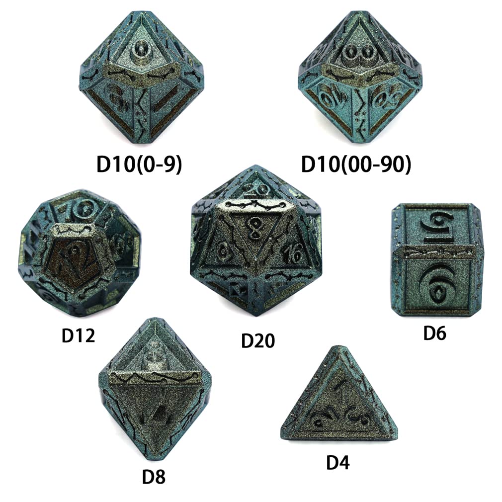 YEMFIRE Original Stellar Bones Dice,7 PCS Solid Metal Dice for Role-Playing Game D&D,RPG Dice Set for Board Game MTG Polyhedral D20 Dice (Green)
