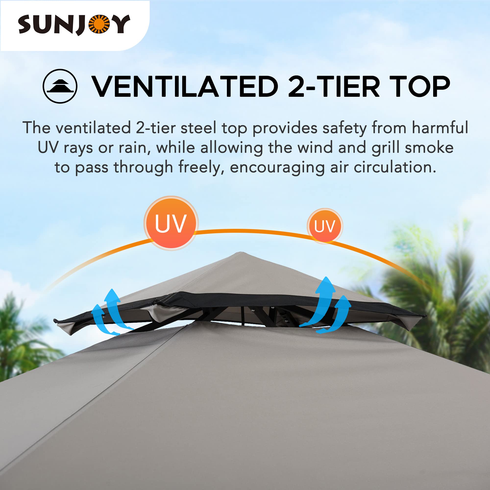 Sunjoy 5 x 8 ft Black Steel Frame Double Tiered Canopy Grill Gazebo for Outdoor, Patio, Garden, and Backyard Activities,Gray and Black