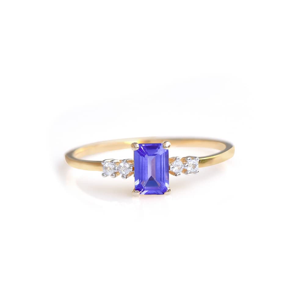 YoTreasure Stunning Tanzanite White Topaz Ring in Solid 10K Yellow Gold-Timeless Elegance