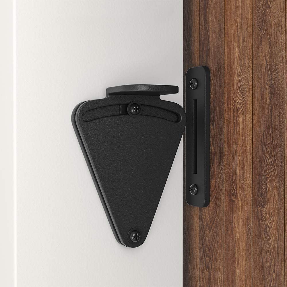 WINSOON 5FT Single Wood Sliding Barn Door Hardware Basic Black Big Spoke Wheel Roller Flat Track Kit with Barn Door Lock Hardware Black Steel Sliding Privacy Latch