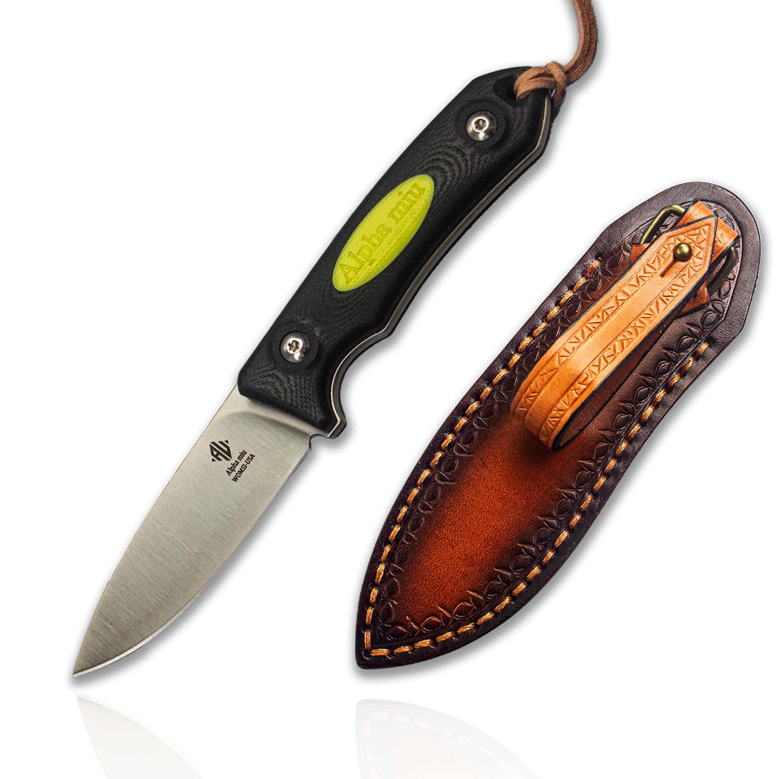 WOMSI Hunting Knife,Full Tang 6.57",DPS15-S Power Steel Blade,Sonorous&durable G10 Handle with Leather Sheath(Black)