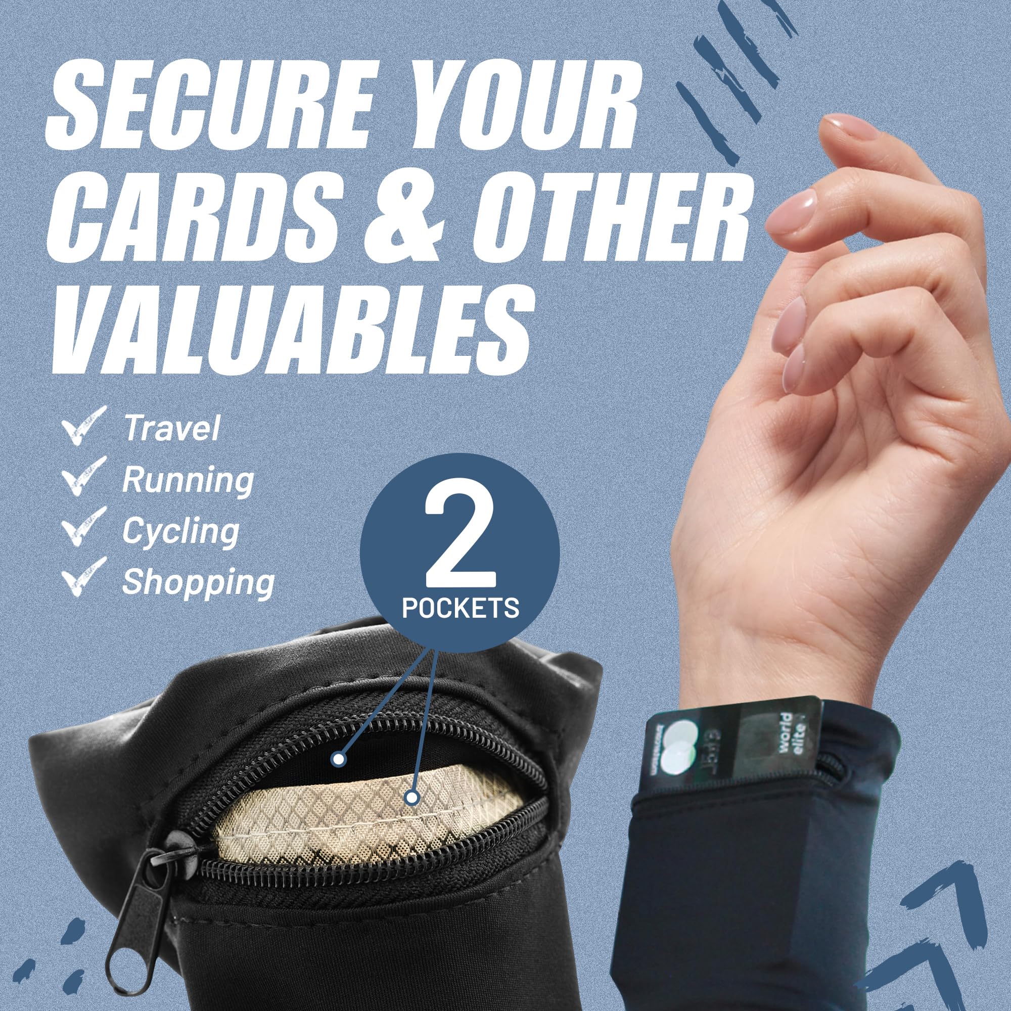 Wallet Sleeve, 3 Pack Wristband, Lightweight Wallet Wristband for Running, Hiking, Workout, RFID Zipper Pouch for Cash, Cards and Small Essentials