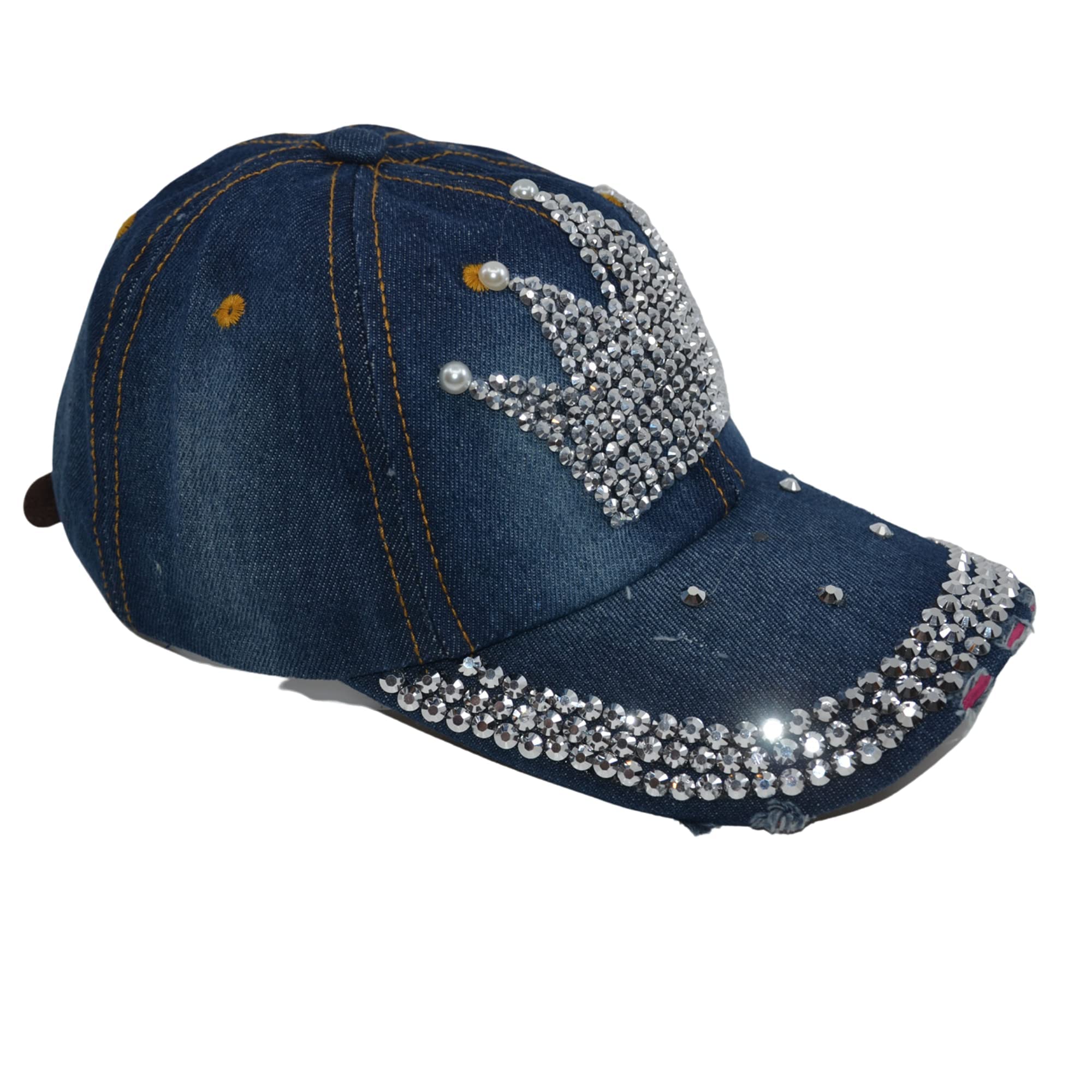 Popfizzy Bling Crown Baseball Cap for Women Rhinestone Hat, Bedazzled Baseball Caps, Distressed Hat, Fancy Bejeweled Hats, Sparkle Studded Denim Ball Caps (Crown)