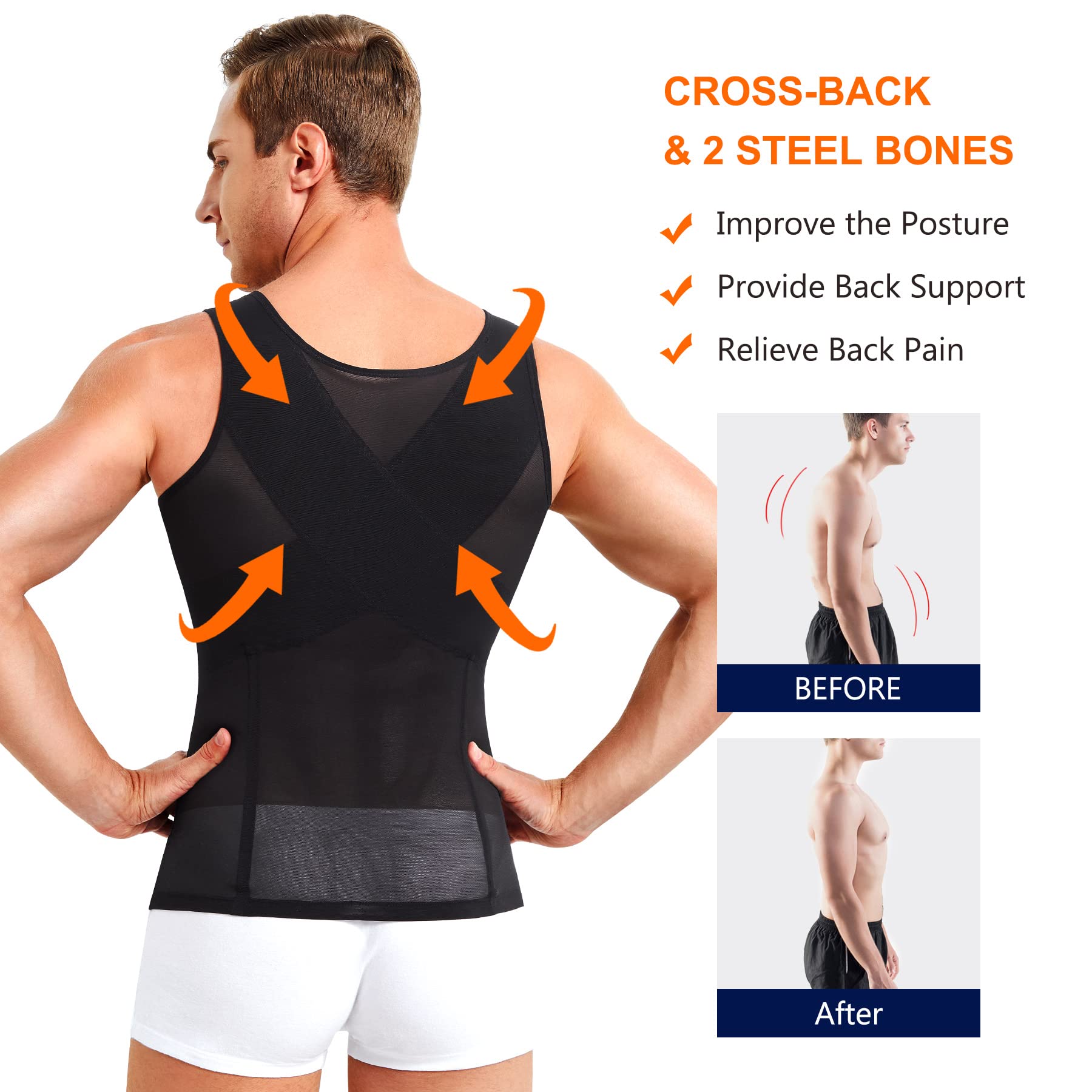 Wonderience Compression Shirts for Men Zipper Slimming Body Shaper Waist Trainer Tank Top Vest with Hooks(Black,Small)