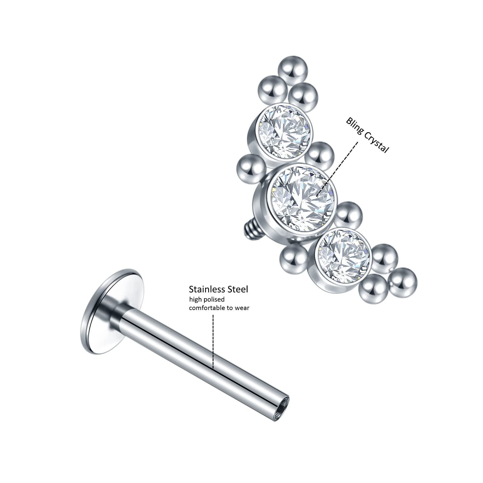 Xpircn 16G Labret Studs Stainless Steel Lip Monroe Labret Rings Forward Helix Tragus Cartilage Earrings Ear Lobe Stud Piercing Jewelry 6mm 8mm 10mm (Style F - Top 13mm)