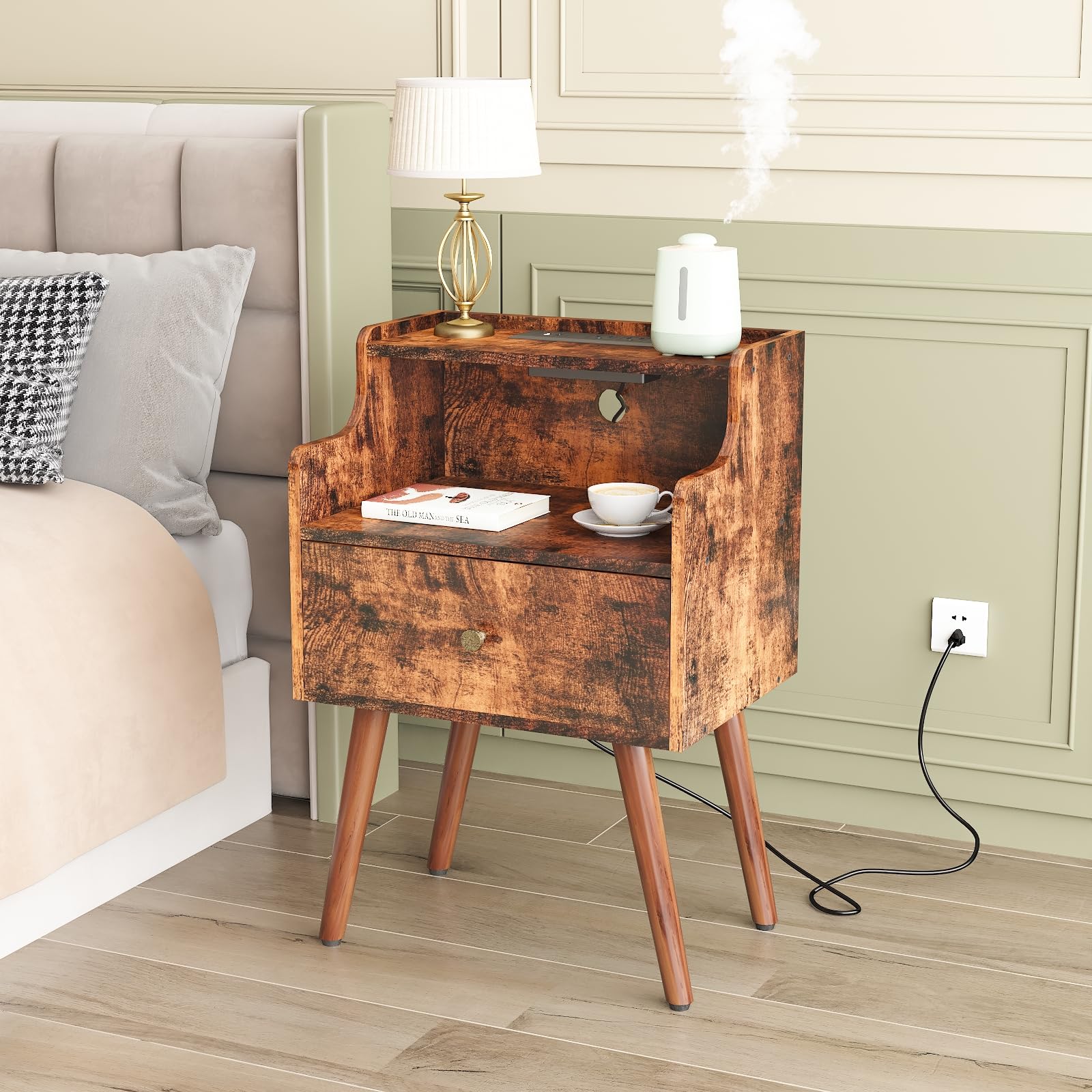 Nightstand with Drawer, Side Table with Charging Station, Mid-Century Modern End Table, 2-Tiers Storage Space Bedside Table with Solid Wood Legs, Black Night Stand for Living Room, Bedroom