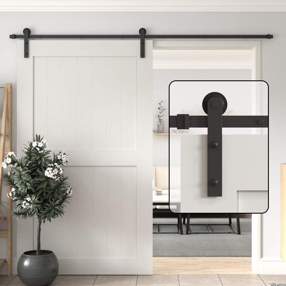 WINSOON 5FT Single Wood Sliding Barn Door Hardware Flat Track Kit with Barn Door Lock Hardware Black Steel Sliding Privacy Latch