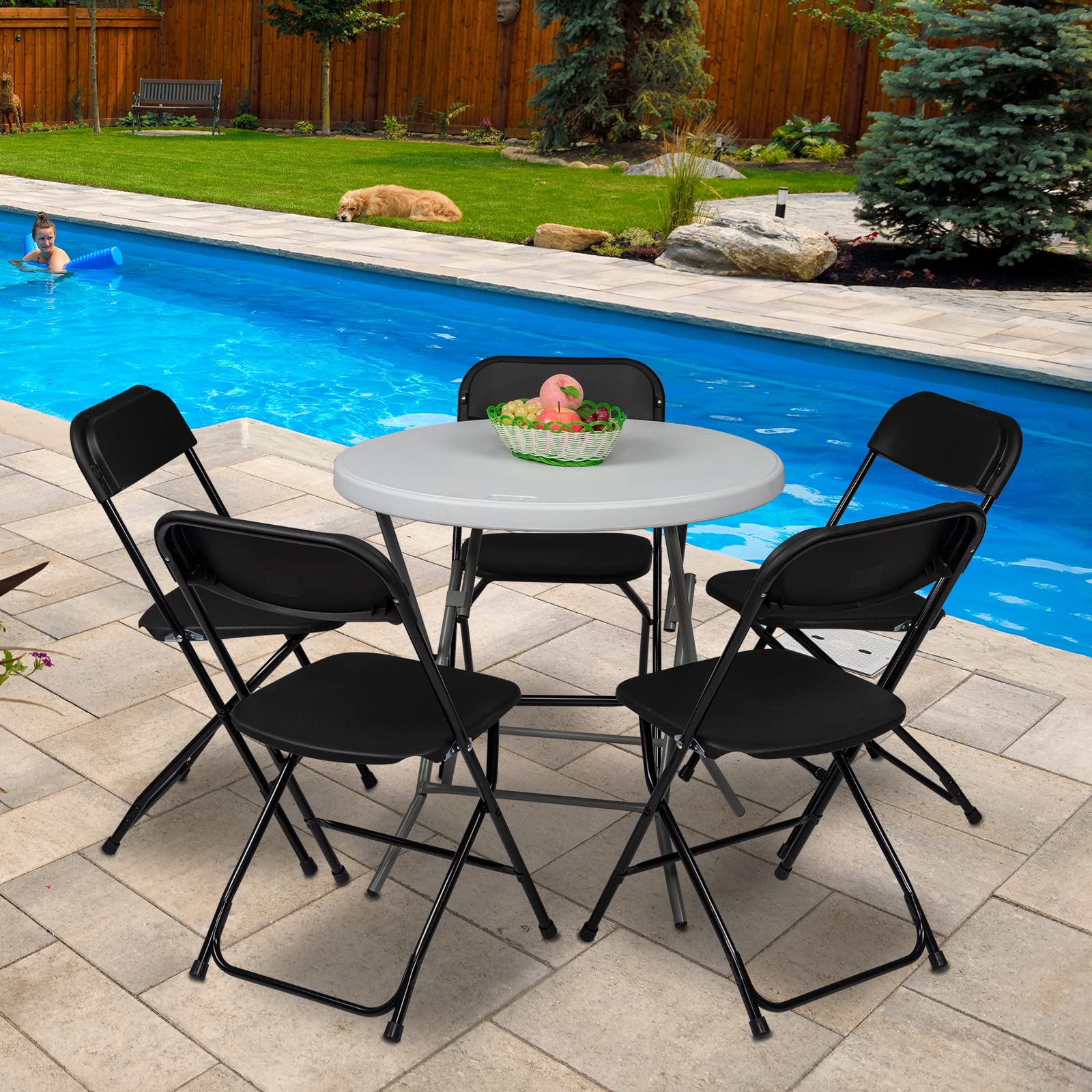 PackJoy 5 Pack Black Plastic Folding Chairs Premium Steel Frame Portable Stackable Metal Fold Up Chair for Events Office Wedding Party Pic