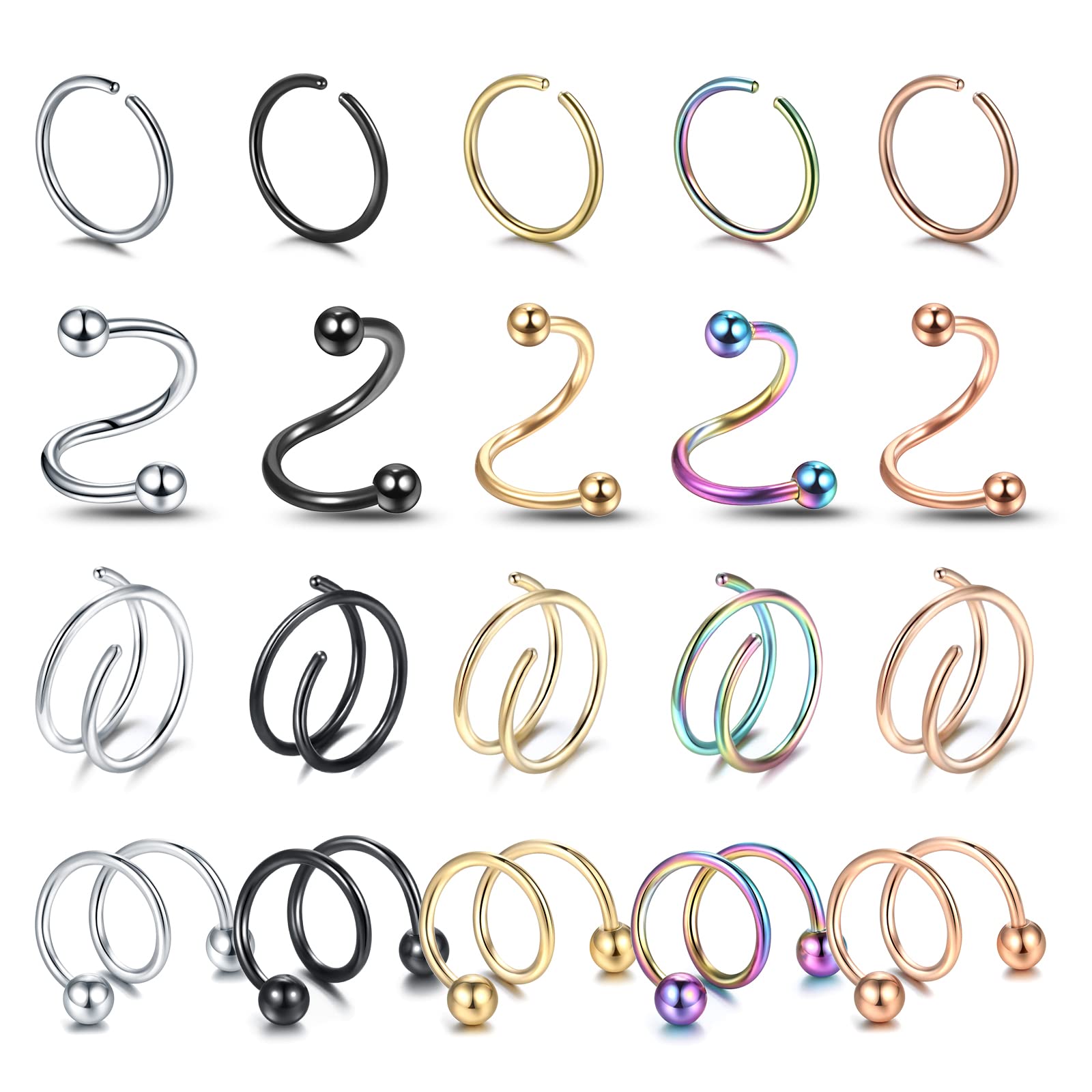 Xpircn 20PCS Nose Rings Hoop 16G 20G Twist Nose Piercing Set Double Nose Hoop Piercing Jewelry Mix Styles