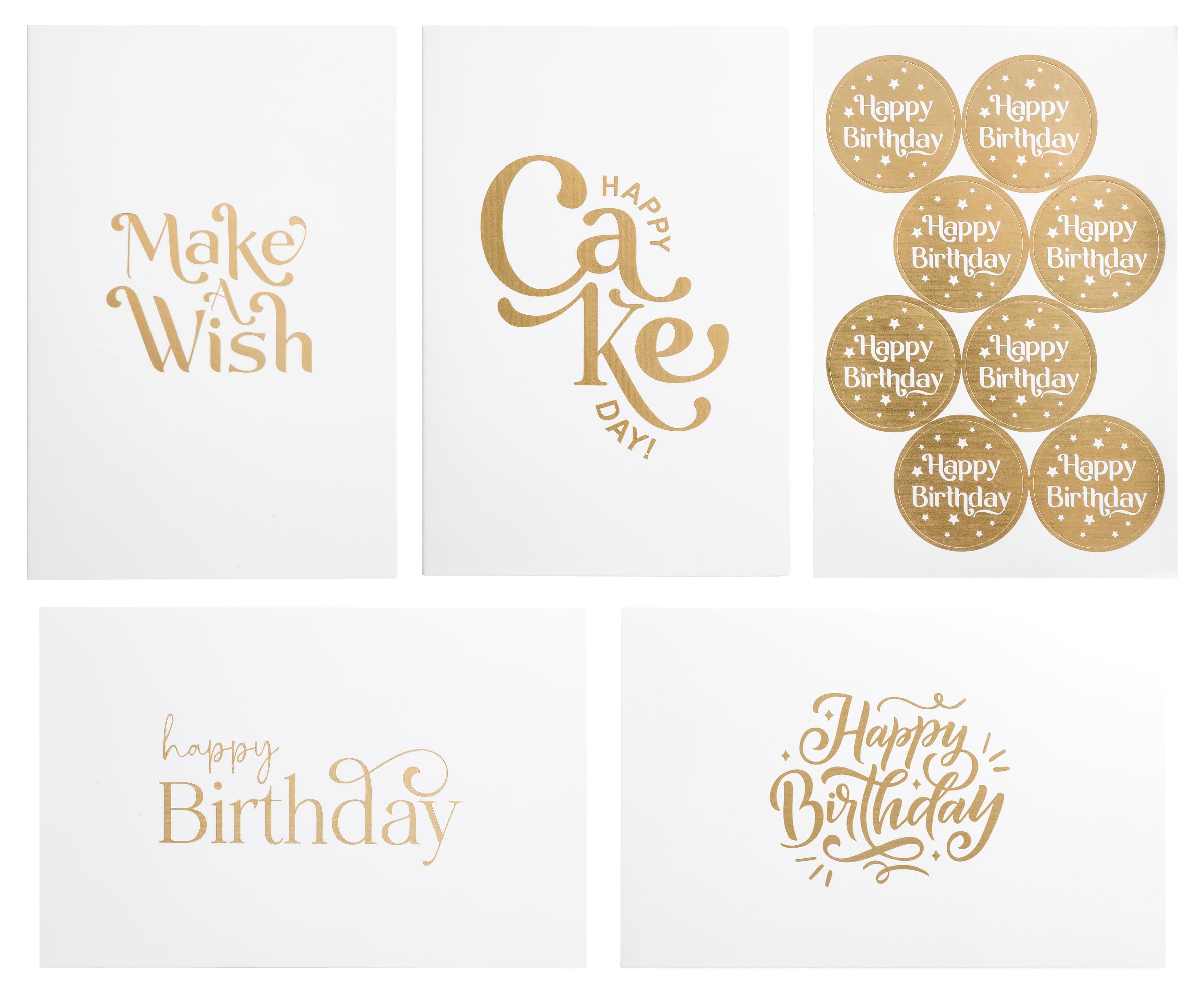 Paper Play 20 Pack Assorted Birthday Cards - 4 Matte Gold Foil Designs Happy Birthday Cards - 4 x 6 Inches Blank Birthday Notes Bulk Box Set - Greeting Cards with Envelopes & Gold Foil Stickers