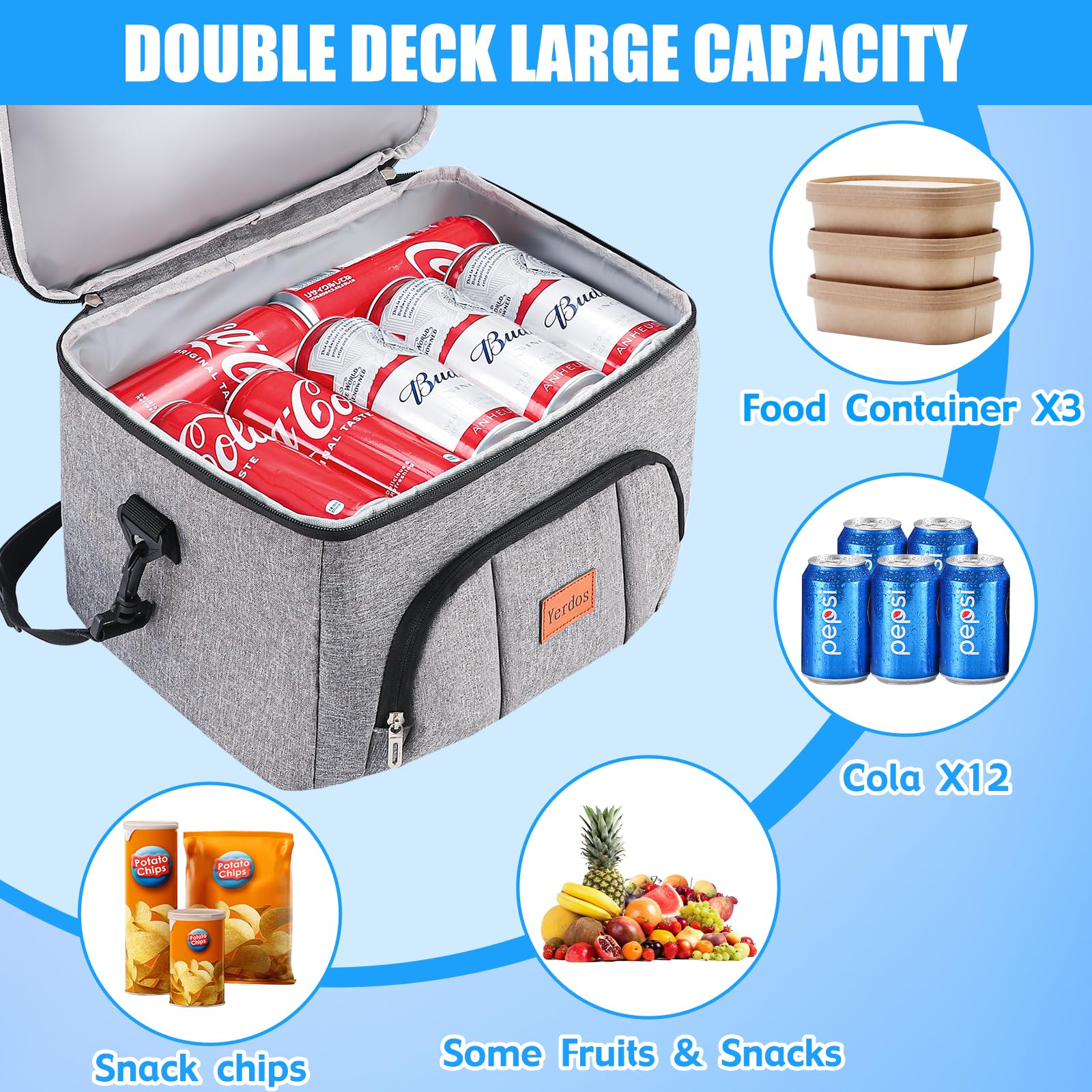Yerdos Lunch Bag Women Insulated Lunch Box for Men, Light Durable Tote Bag with Adjustable Shoulder Strap for Office Work Picnic Hiking Beach Fishing-(Dark Grey)