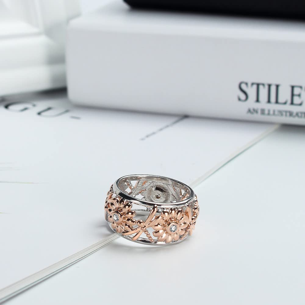 WANMEIL Vintage Silver Rings Women's Elegant Sunflower Dragonfly Hollow Finger Ring Band Jewelry Cubic Zirconia Ring with Side Stone Copper Leaf Eternity Band 【US Code 6-10】 (7)