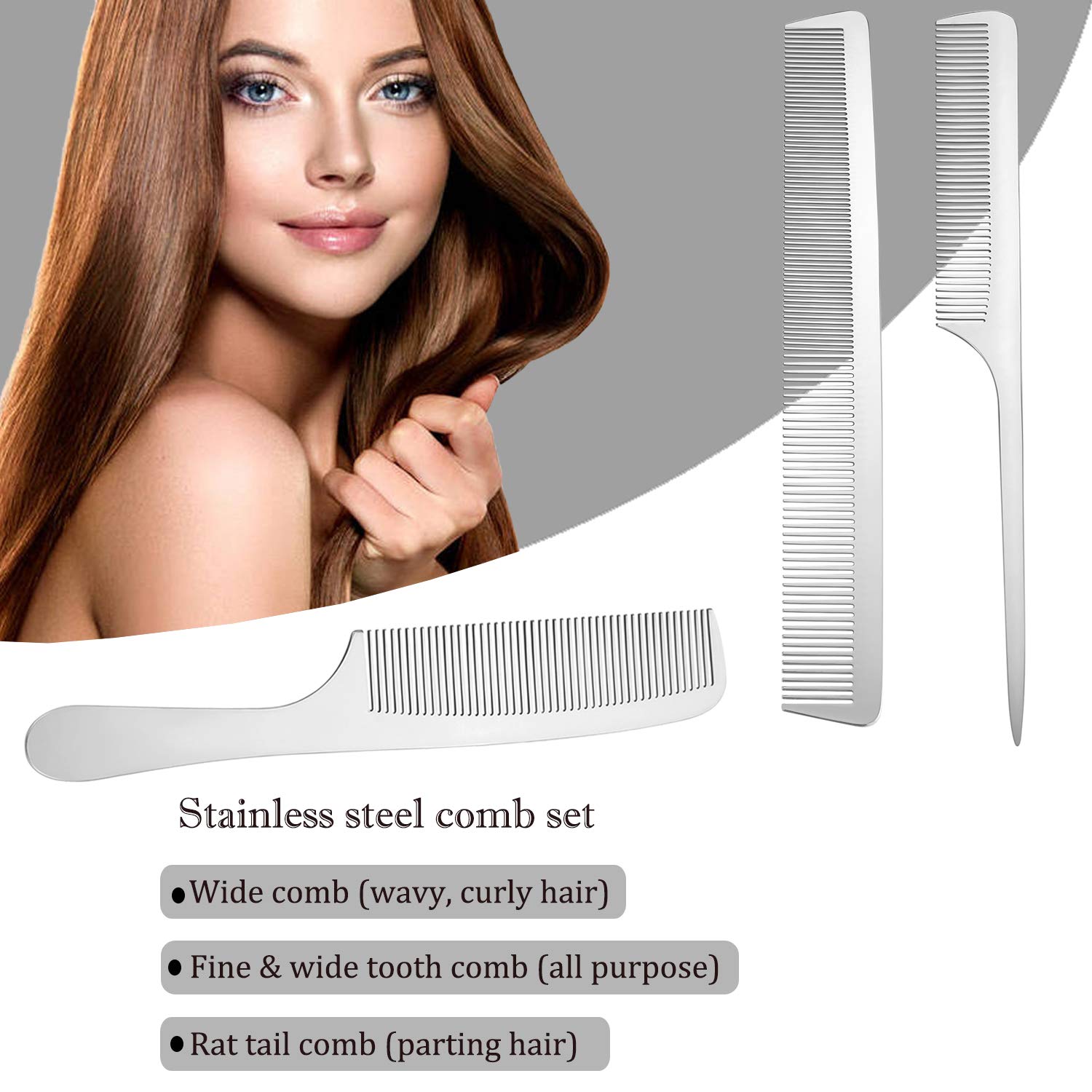 Rhamii 3PCS Metal Comb Set Anti-Static Gold Hair Comb For Men and Women Stainless Steel Cutting Combs