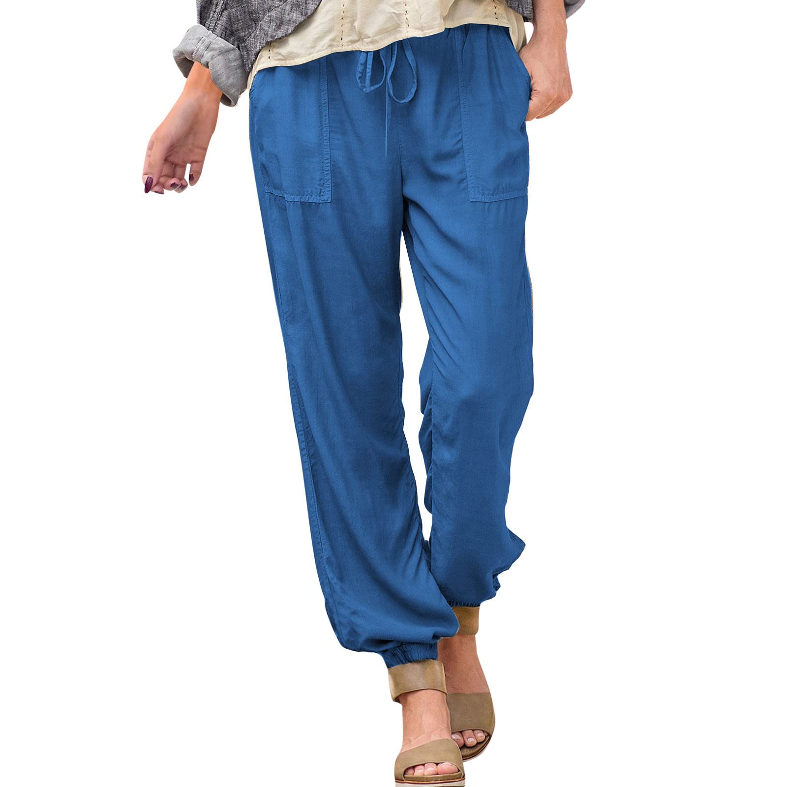 with Pockets Casual Waisted Summer Pants Linen Beach Cotton Women Comfy Flowy High Button Women's Casual Pants Women's Blue
