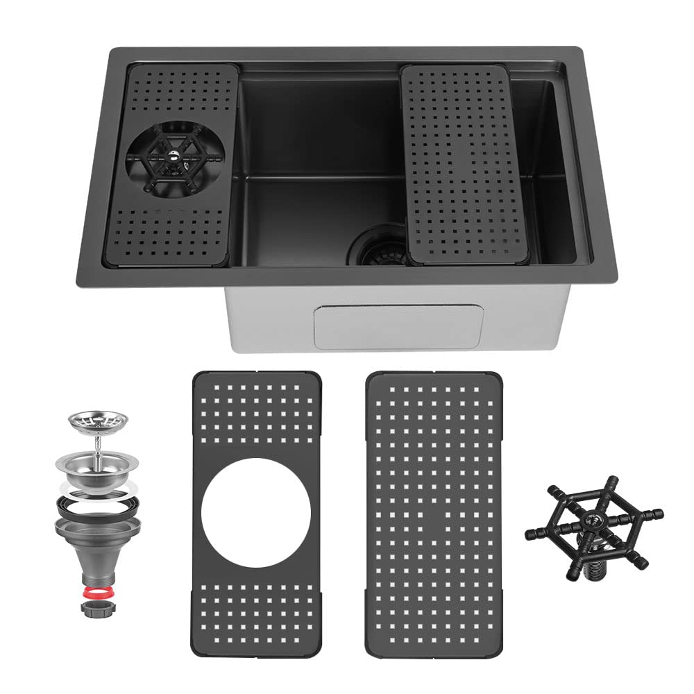NAVNKA Black Bar Sink with Glass Rinser, 23inch Stainless Steel Small Bar Sink for Bar,Cafe,Restaurant.