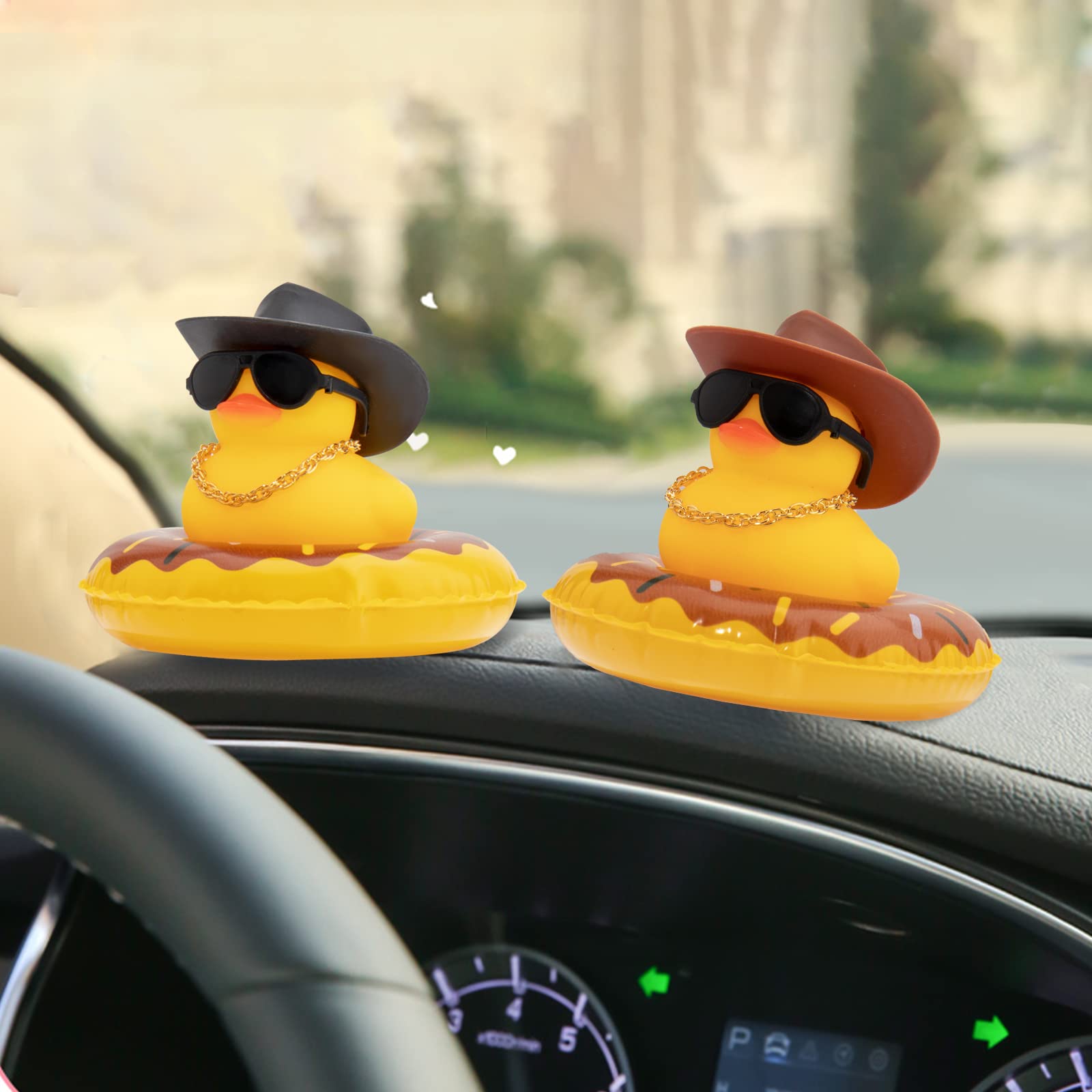 wonuu Rubber Duck Car Ornaments 3Pcs Yellow Duck Car Dashboard Decorations with Mini Hat Swim Ring Necklace Sunglasses, Blue&Blue&Blue Hat
