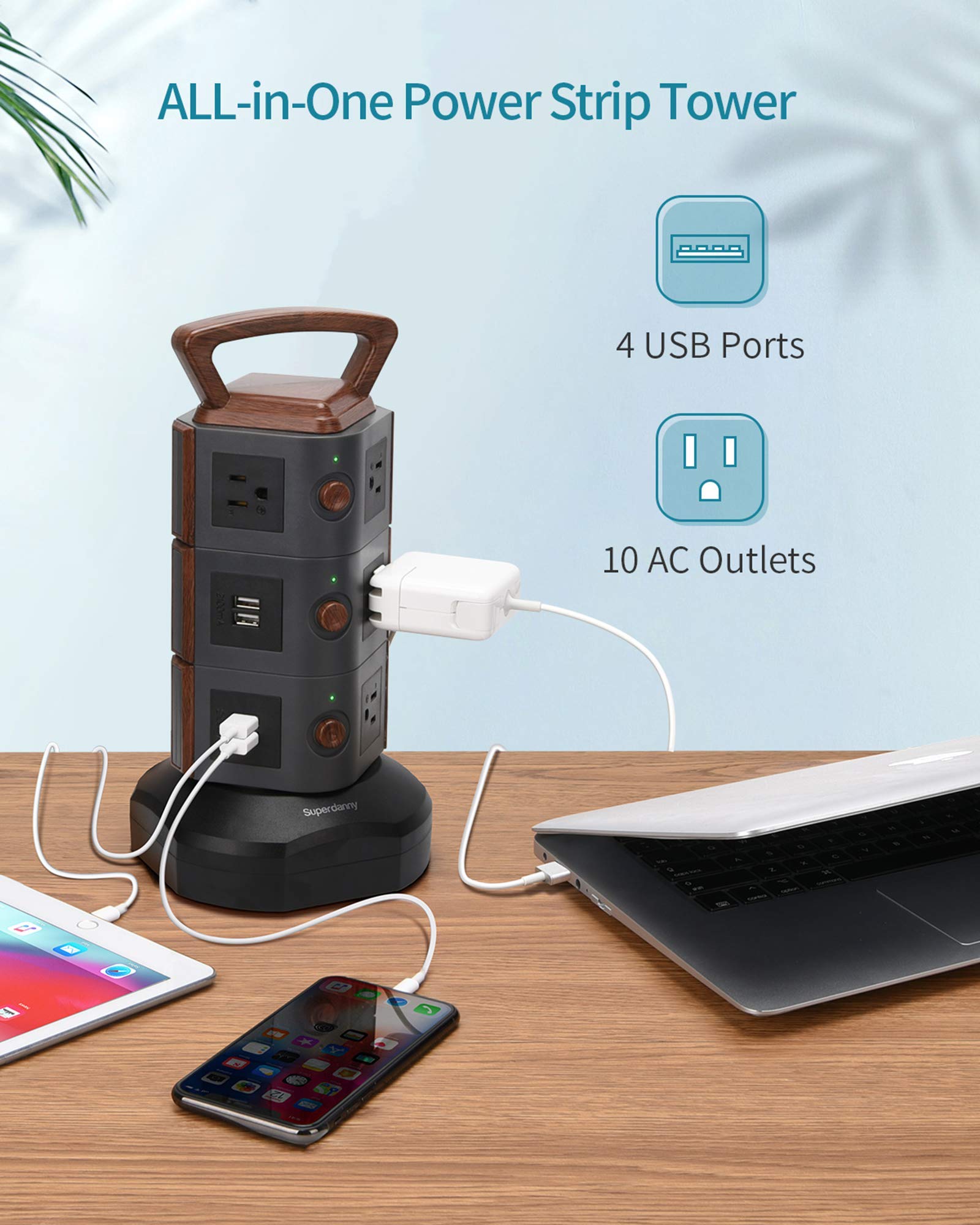 Power Strip Tower - SUPERDANNY Surge Protector Vertical Charging Station with 10 Outlets 4 USB Ports, 6.5ft Retractable Extension Cord Desktop Plug Bar with Wood Grain for Home Office Dorm Room Hotel