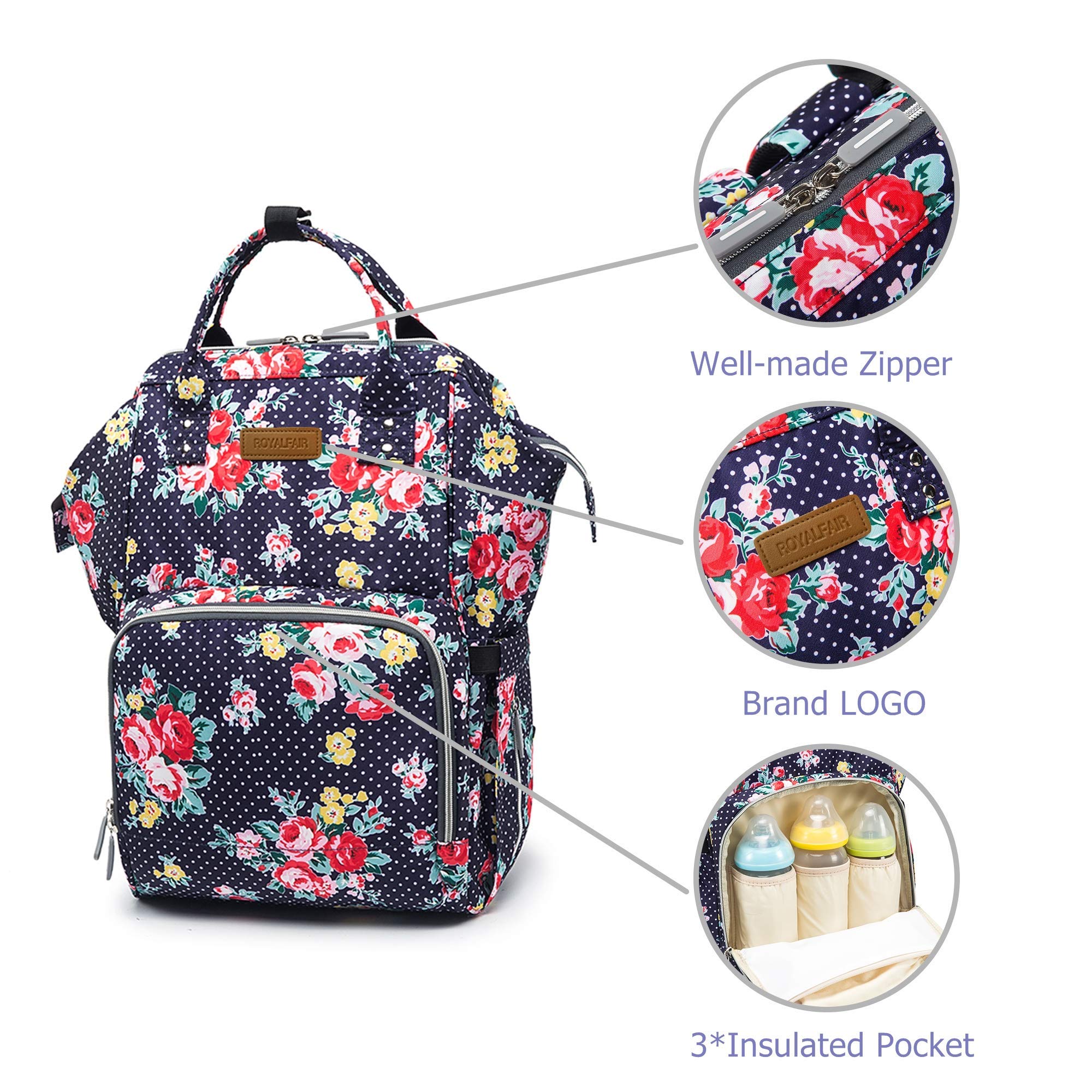 ROYALFAIR Diaper Bag Backpack Large Capacity Mummy Bag For Baby Care With Stroller Straps in Flower Pattern
