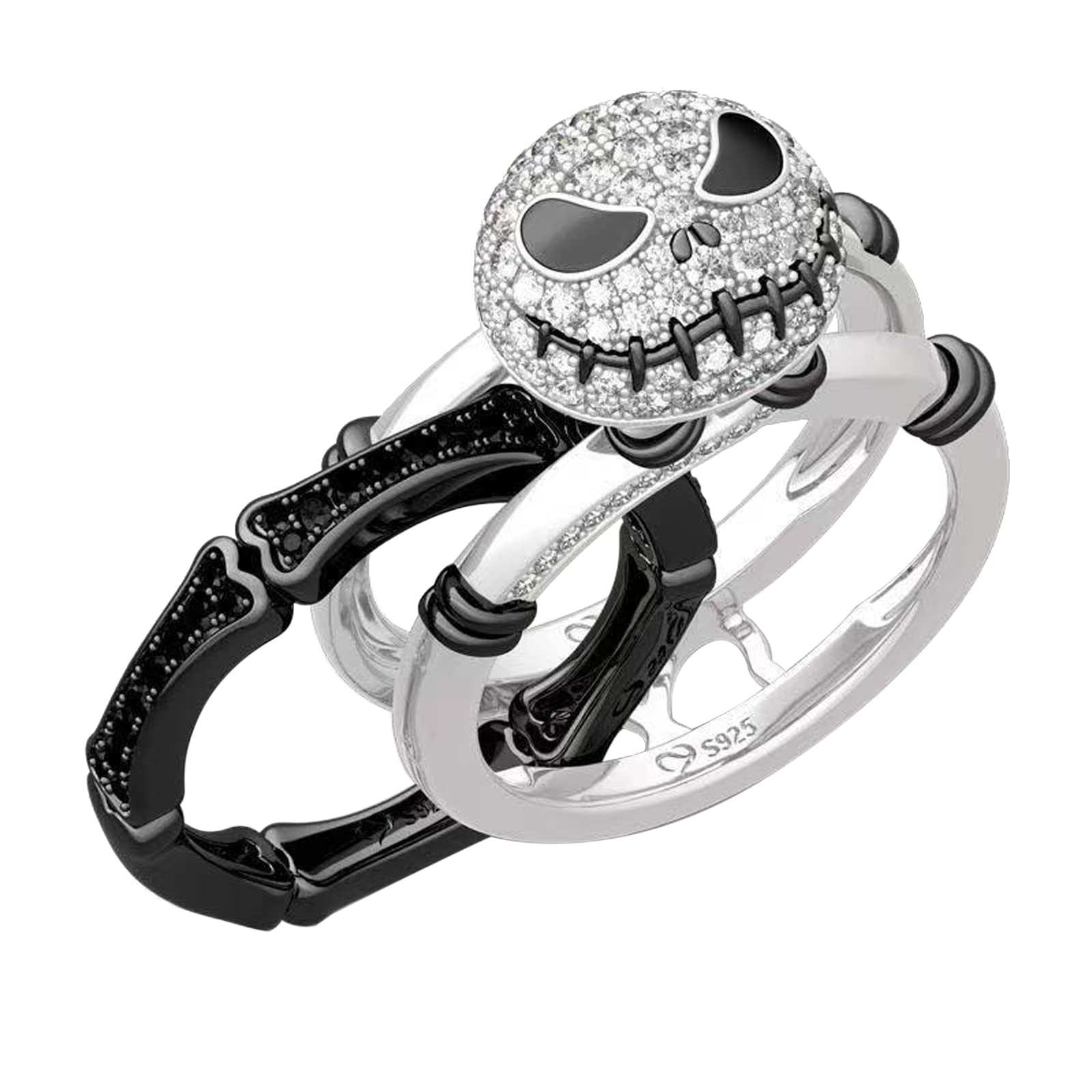 xrxebv Skull Cute Halloween Rings Christmas Ring Black and White Nightmare Before Christmas Ring 2 in 1Skeleton Rhinestone Finger Rings (2 in 1(2), 11)