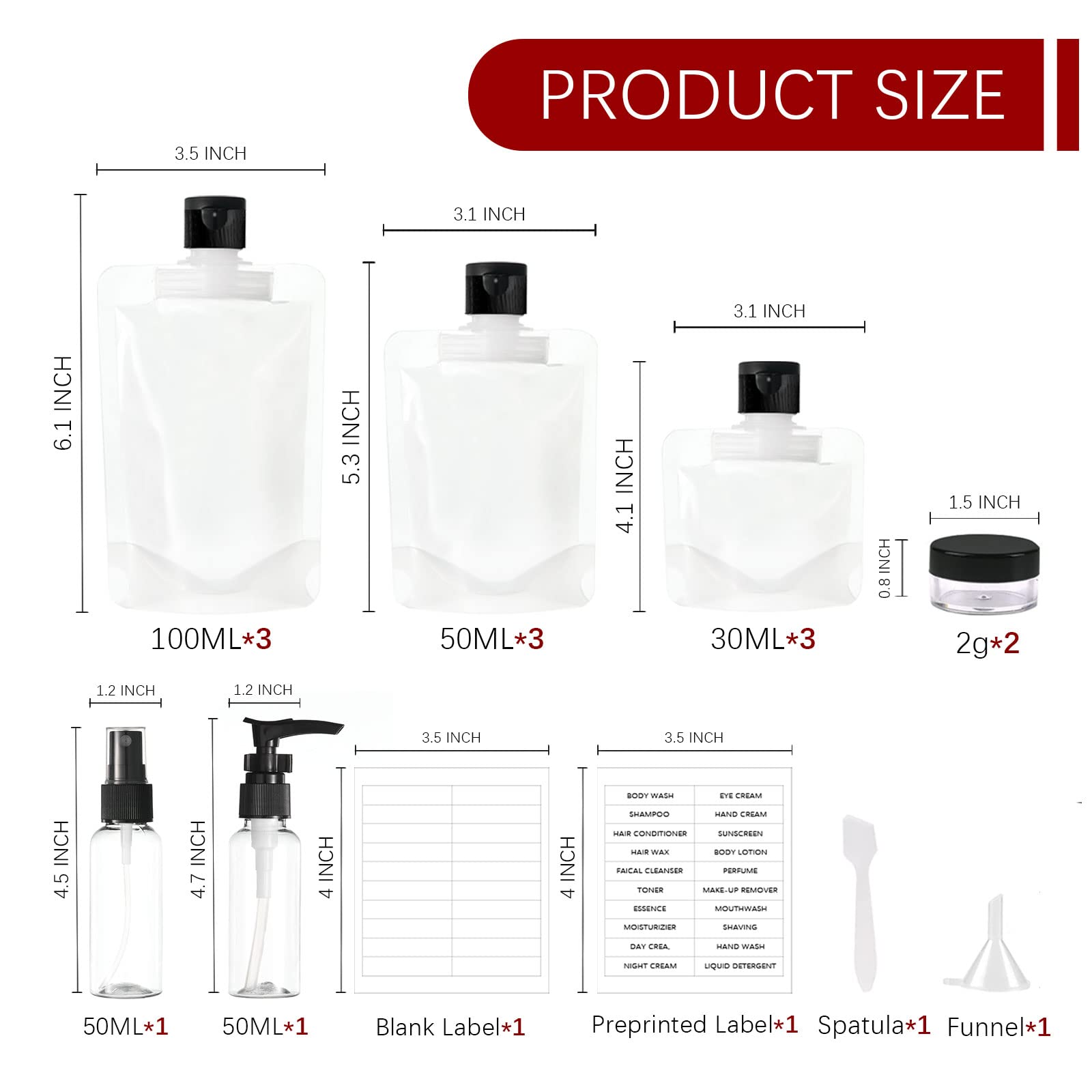 NUTAKI 19 Pcs Travel Bottles Kit for Toiletries - 3.4oz Tsa Approved Leak Proof Refillable Containers with Labels and Toiletry Bag, Squeezable Pouches - Travel Essentials for Liquid Shampoo