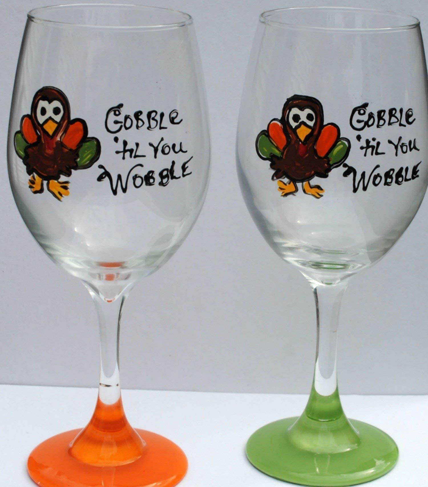 Thanksgiving Turkey Orange Green Gobble Til You Wobble Hand Painted Wine Glasses Set of 2