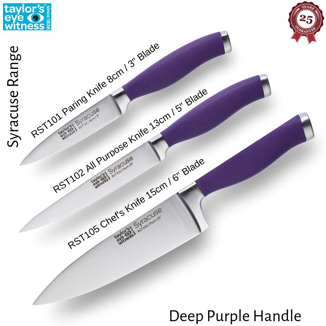 Taylors Eye Witness Syracuse Kitchen Knife 3pce Set - Paring 8cm/3.5”, Chefs 15cm/6” & Cooks All Purpose 13cm/5” Cutting Edge. Ultra Fine, Razor Sharp Blade. Soft Textured Grip Purple Colour Handle