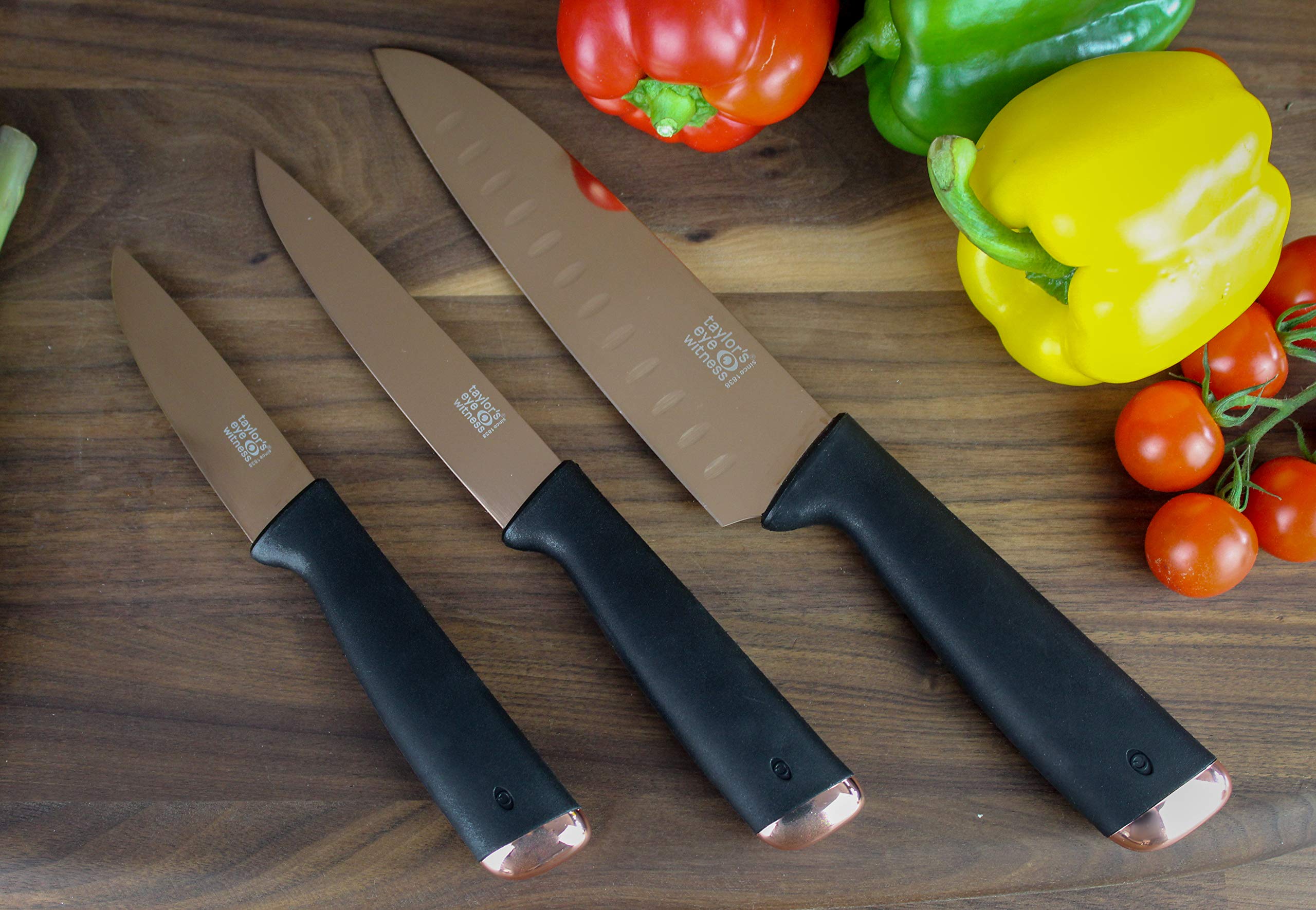 Taylors Eye Witness Juno Chrome 3 Piece Starter Knife Set - Paring, Utility & Santoku Knives. Precision Taper Ground. Strong Over Moulded Handle. 5 Year Guarantee