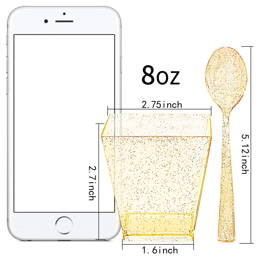WDF 8oz Gold Glitter Medium Large Plastic Dessert Cups With Spoons-51 Disposable Square Plastic Cups & 51 Gold Glitter Tasting Spoons