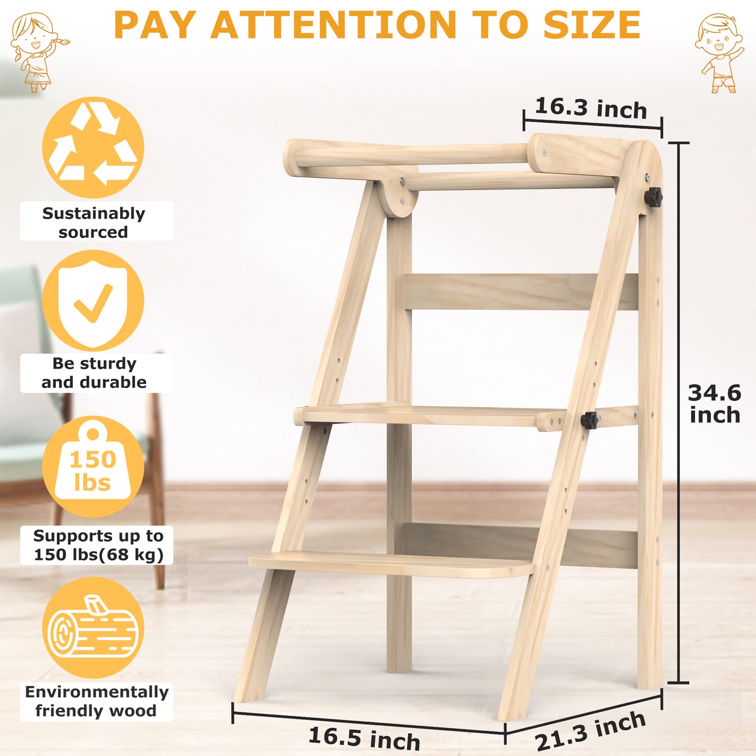 Toddler Step Stool, Folding Wooden Step Stool, Montessori Toddler Tower, Kids Step Stool Toddler Tower, Kitchen Step Stool Helper for Toddlers, Kitchen Step Stool Helper Standing Tower