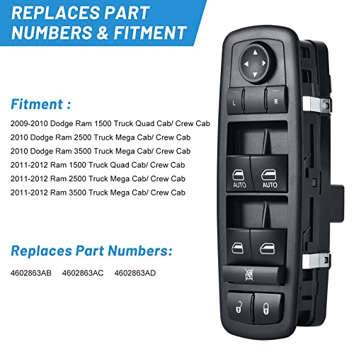 PUENGSI Master Power Window Switch for | 2009-2012 Dodge Ram 1500 2500 3500 | Replaces OE 4602863AB, 4602863AC, 4602863AD