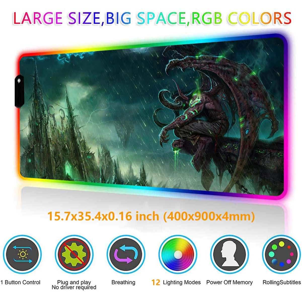 RGB Professional Gaming Mouse Pad for Illidan Stormrage,Mousepad with 12 Lighting Modes & Anti-Skid Rubber Base,Large Laptop Desk Pad,Computer Keyboard and Mouse Combo Pads Mouse Mat 35.4x15.7 inch