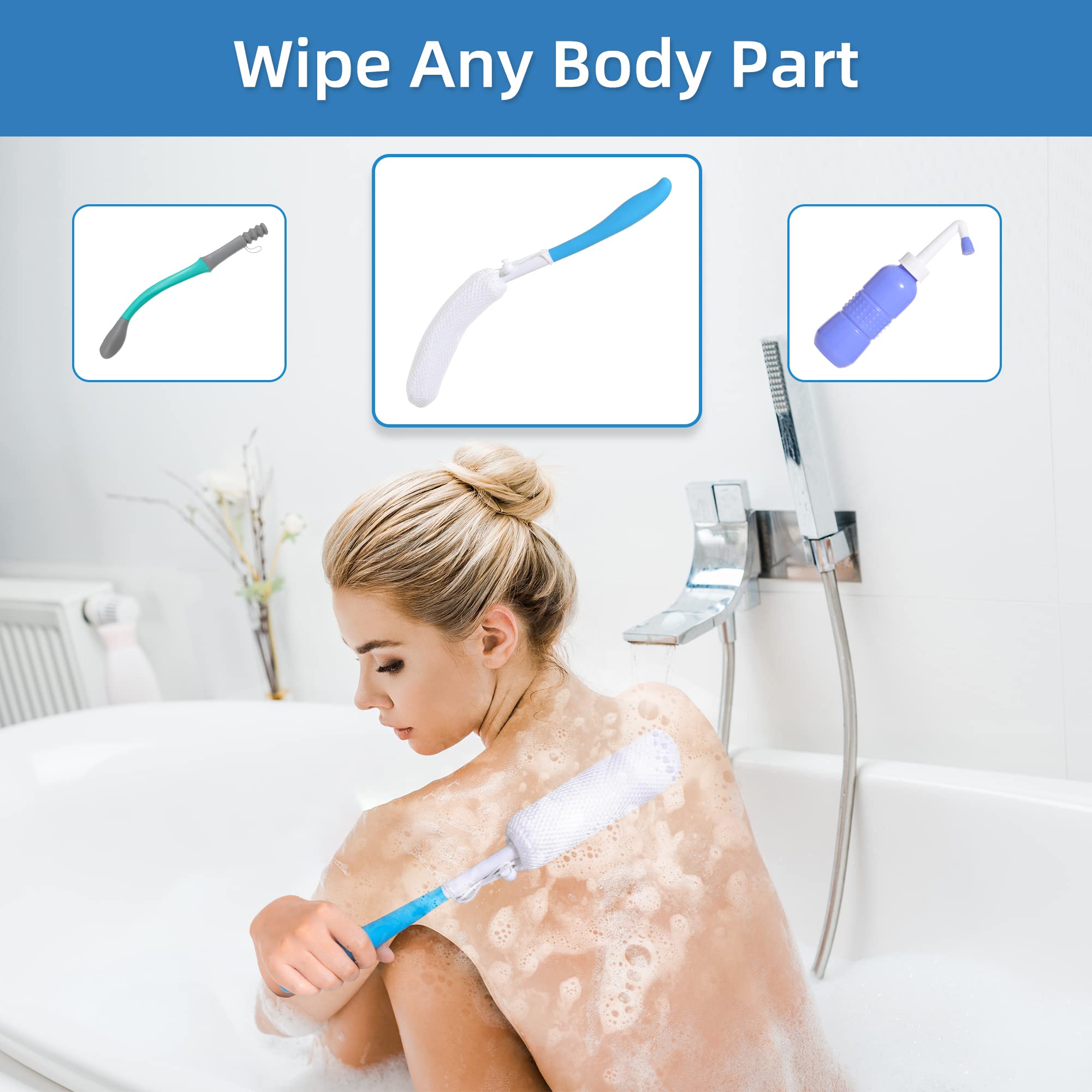 Toilet Aids Set for Wiping - Long Handle Butt Wiper for People Overweight, Elderly and Disabled, Bottom Buddy Wiping Aid for Bathroom ( 4PCS Personal Hygiene Kit )