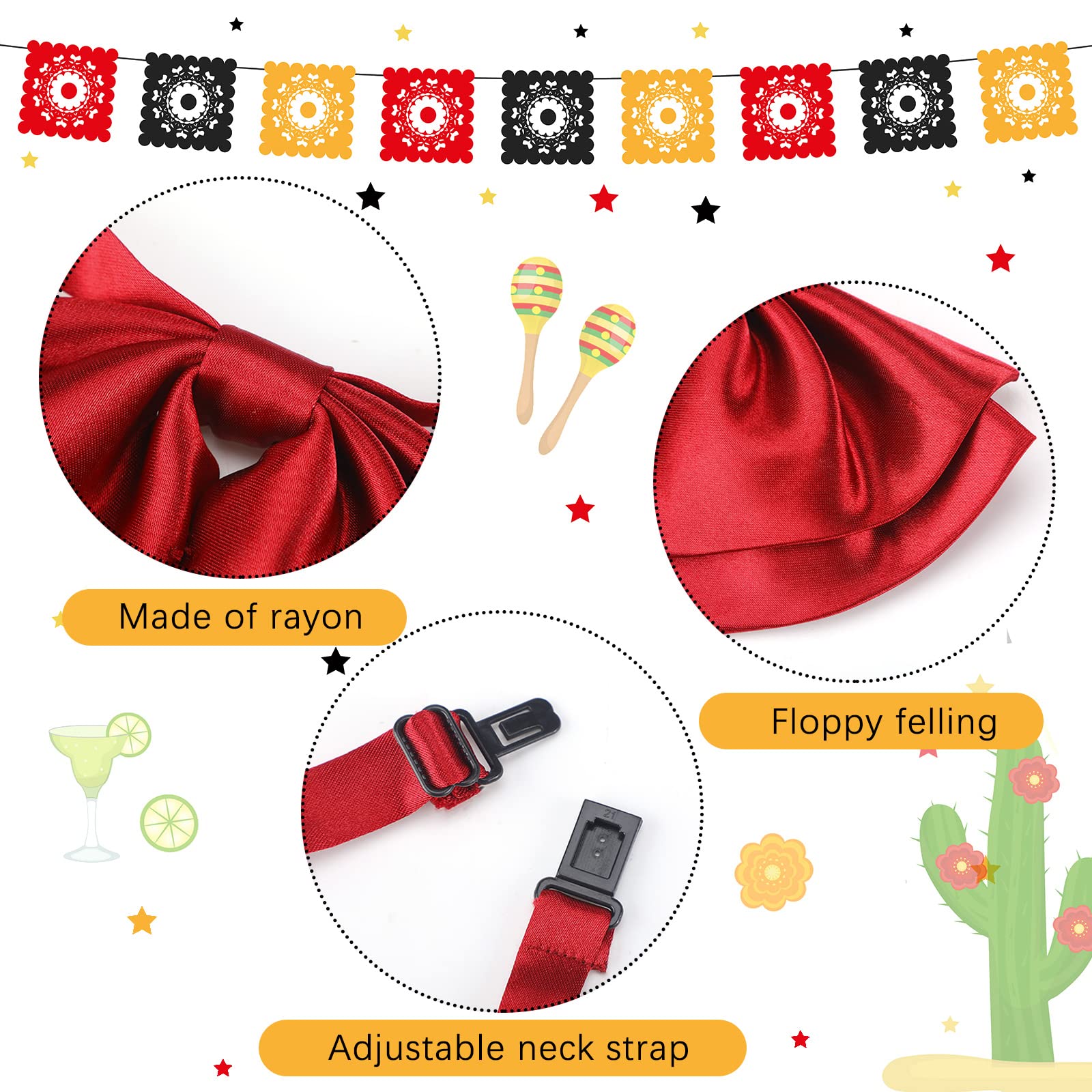 Xuhal 5 Pcs Mexican Charro Bow Tie Floppy Bow Tie Adjustable Solid Color Pre tied Bowknot Silk Party Costume for Retro Men,Women Costume Accessory