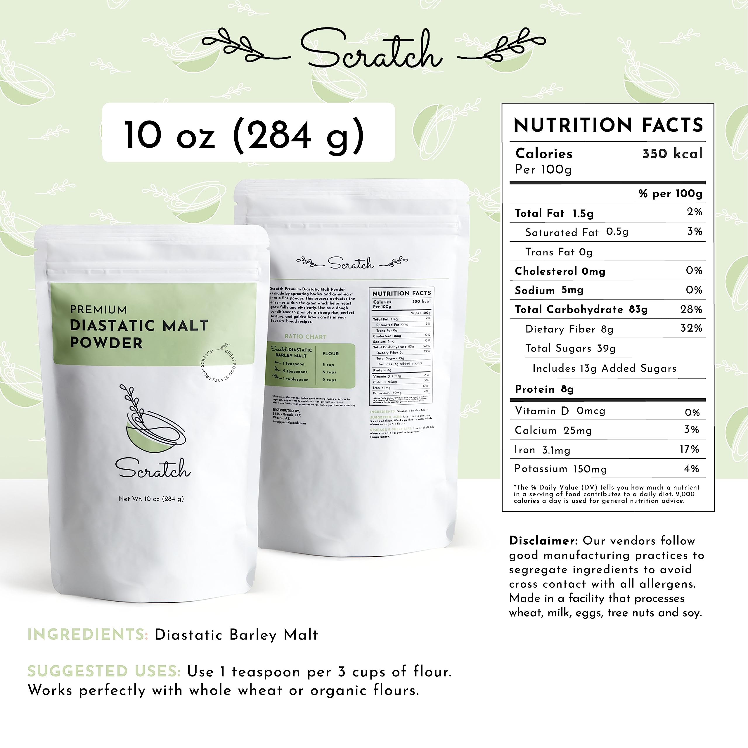 Scratch Diastatic Malt Powder for Baking - (10oz) Dried Barley Malt for Baking Bread - Bread Improver - Premium Baking Ingredients for Breads, Pizzas, Pretzels, Desserts, Shakes and More