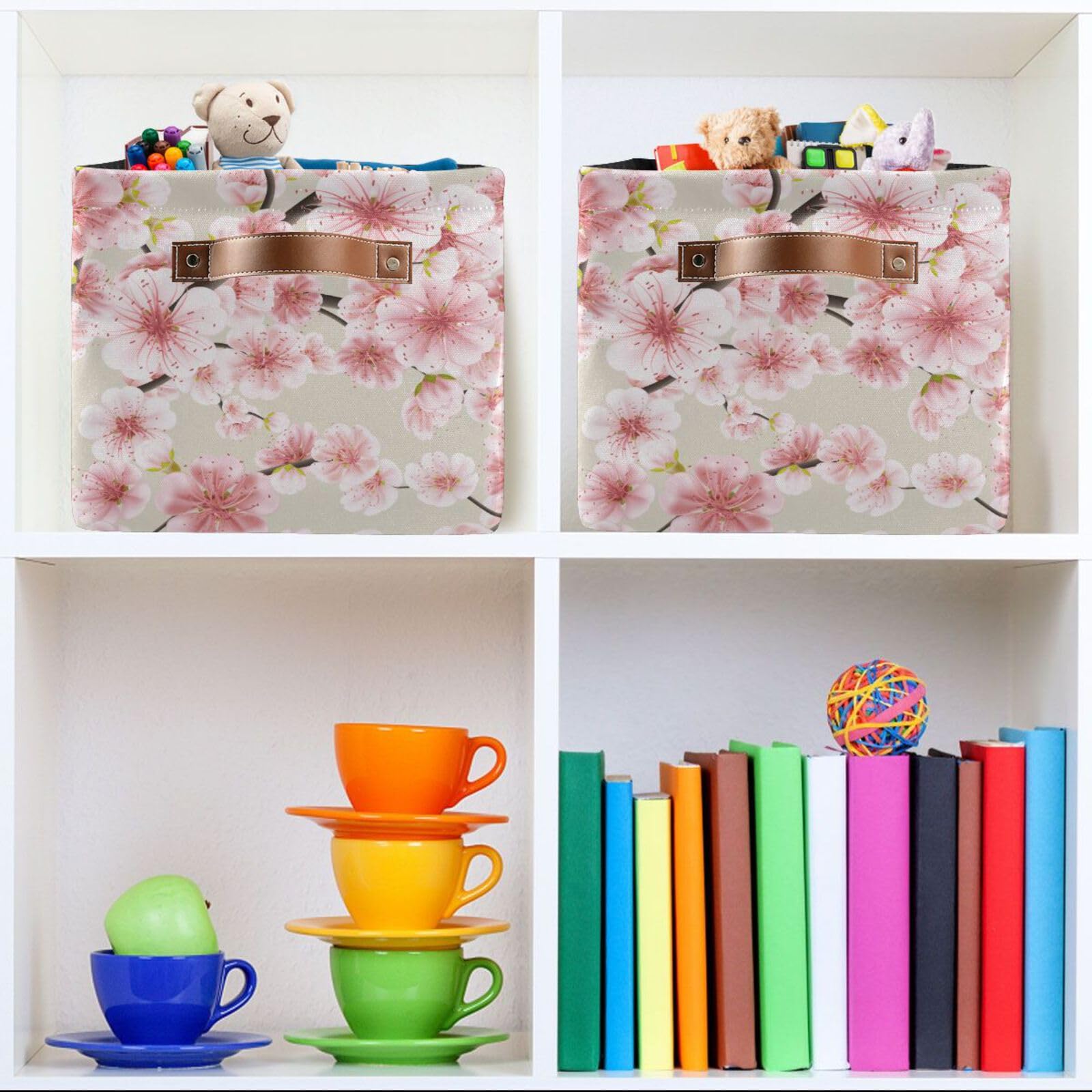 Pink Blossom Japanese Storage Basket Bins Foldable Toy Baskets Organization with Handles Laundry Hamper for Office Bedroom Clothes Bedroom Living Room,2 pcs