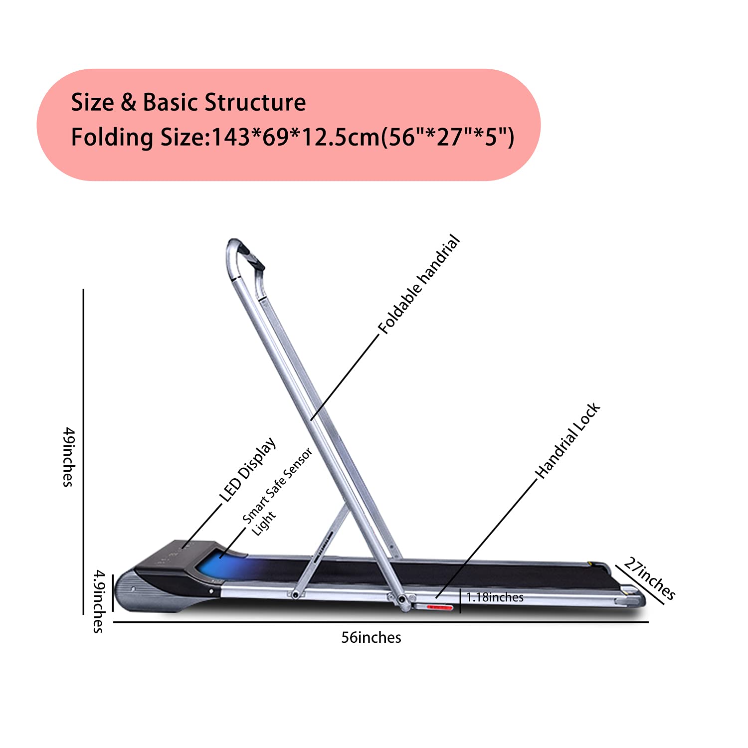 RHYTHM FUN Foldable Under Desk Treadmill with Handrail, Speed Sensor, Smart Remote - For Home/Office