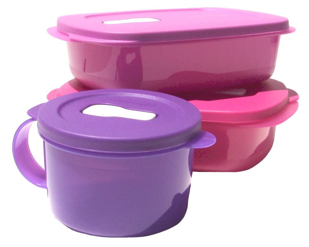 Tupperware Crystalwave 3 Piece Set Microwave Divided Dish Bowl and Mug Pink and Purple