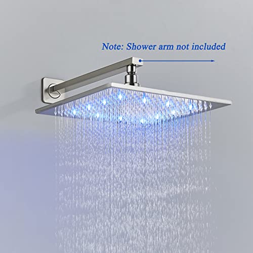 Zovajonia Brushed Nickel LED 12 Inch Shower Head Color Changing Brass Showerhead Square Rainfall Top Sprayer