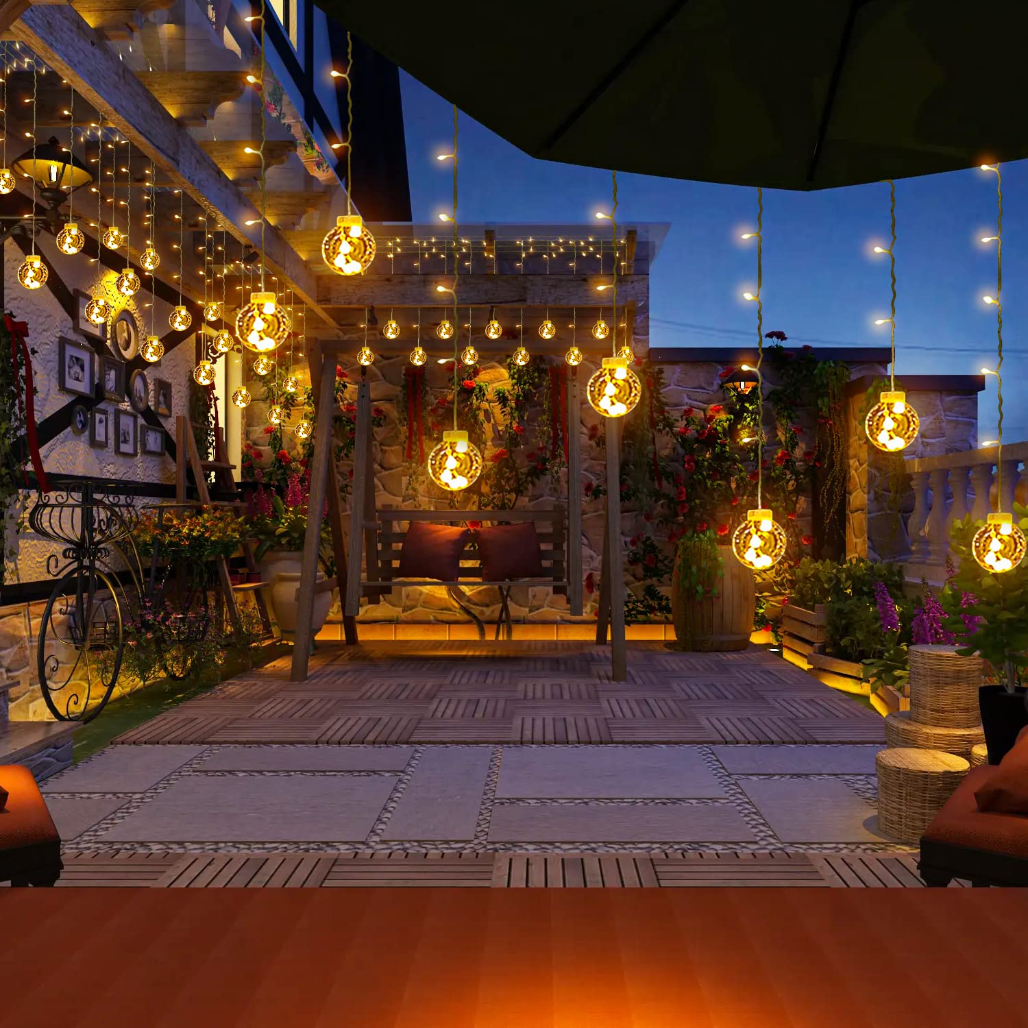 Solar Outdoor String Lights Gazebo Hanging Curtain Lights with Remote 108 Led Twinkle Lights Balls Lights Christmas Decorative Waterproof
