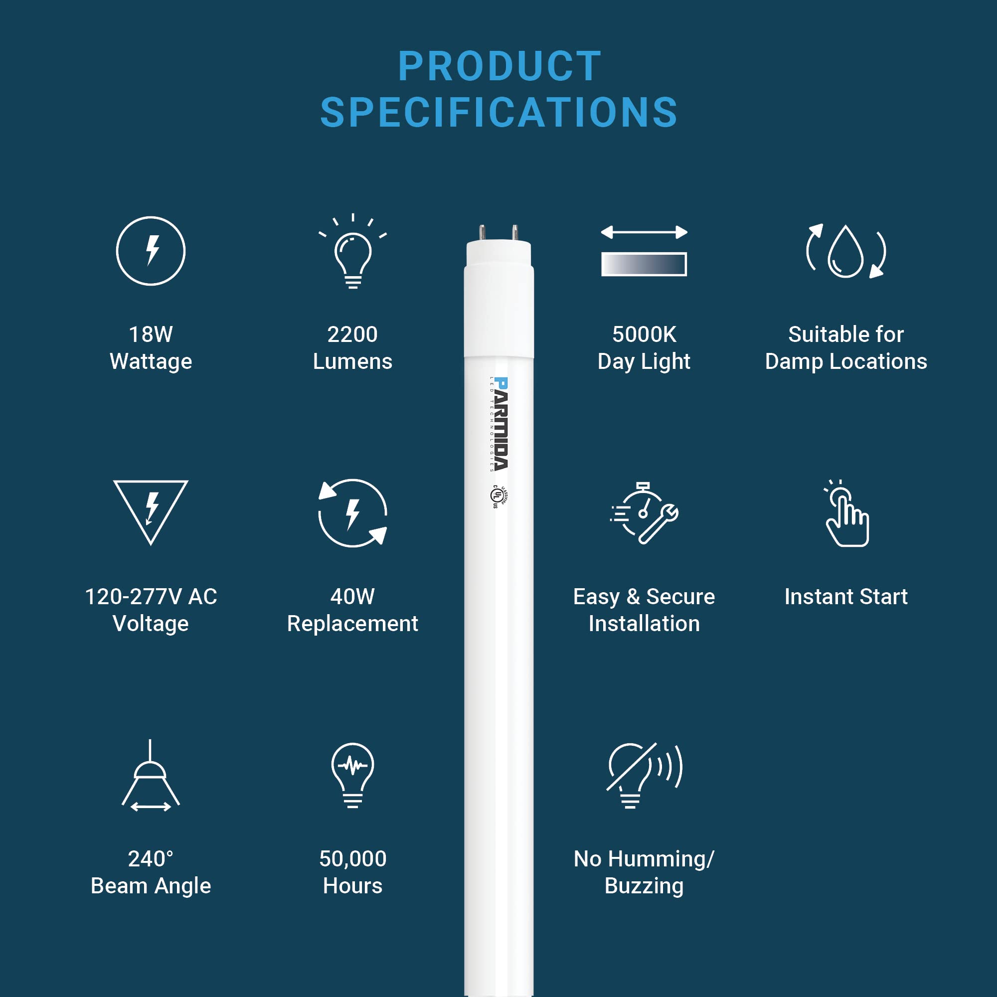 PARMIDA 20-Pack 4FT LED T8 Hybrid Type A+B Light Tube, 18W, Plug & Play or Ballast Bypass, Single-Ended OR Double-Ended Connection, 2200lm, Frosted Cover, T8 T10 T12, UL - 5000K