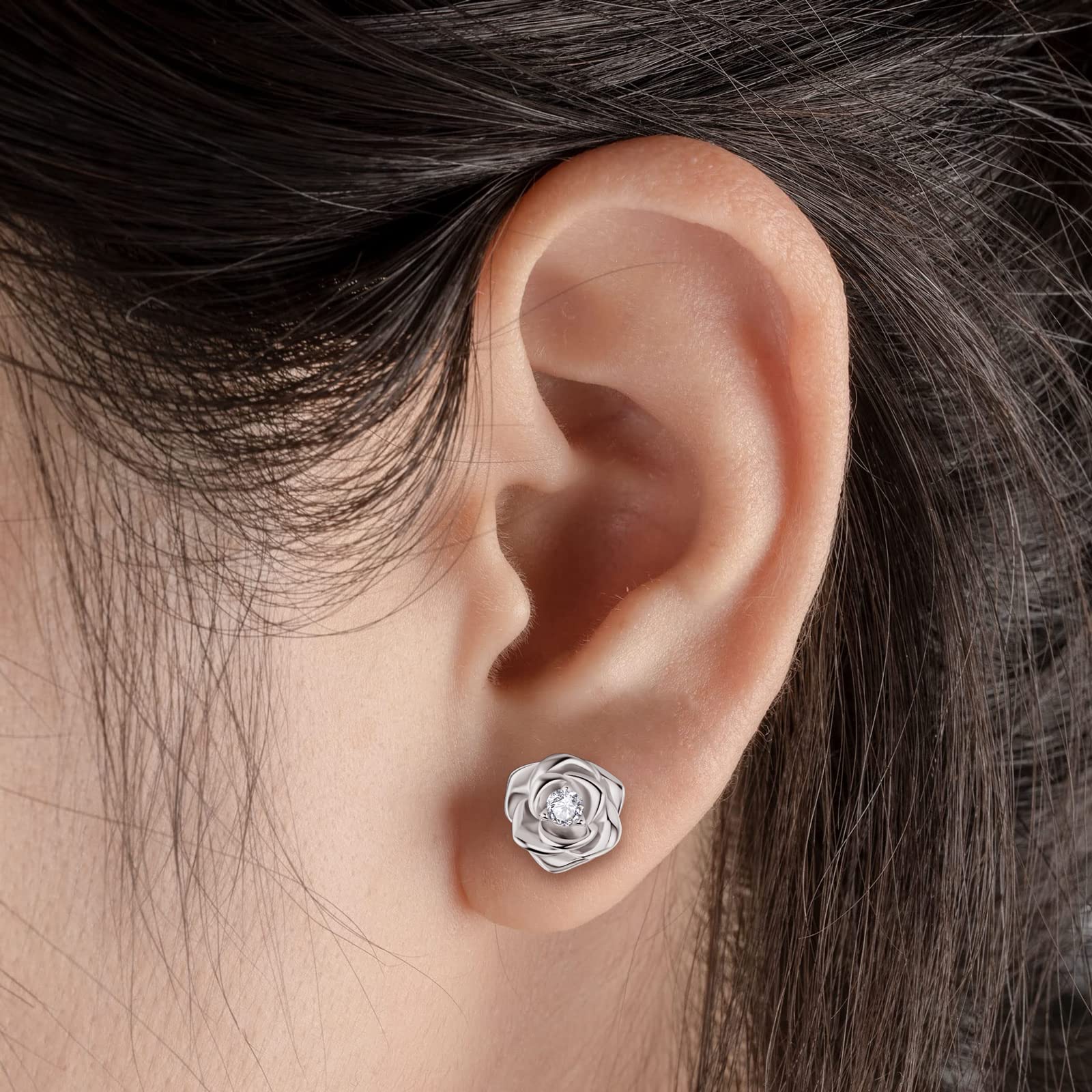 WOAINI Moissanite Earrings, Rose Flower Earring Studs, Nickel Free Hypoallergenic 925 Sterling Silver moissanite studs, Silver
