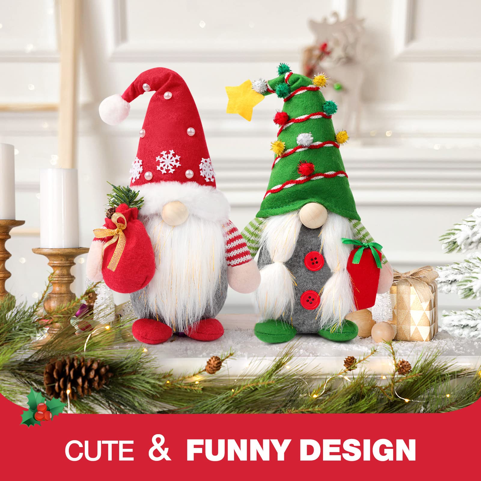 Ndeno 2PCS Christmas Gnome Plush Decorations, Red Handmade Scandinavian Tomte - Christmas Home Tabletop Elf Gnomes Decor Ornaments 01 01