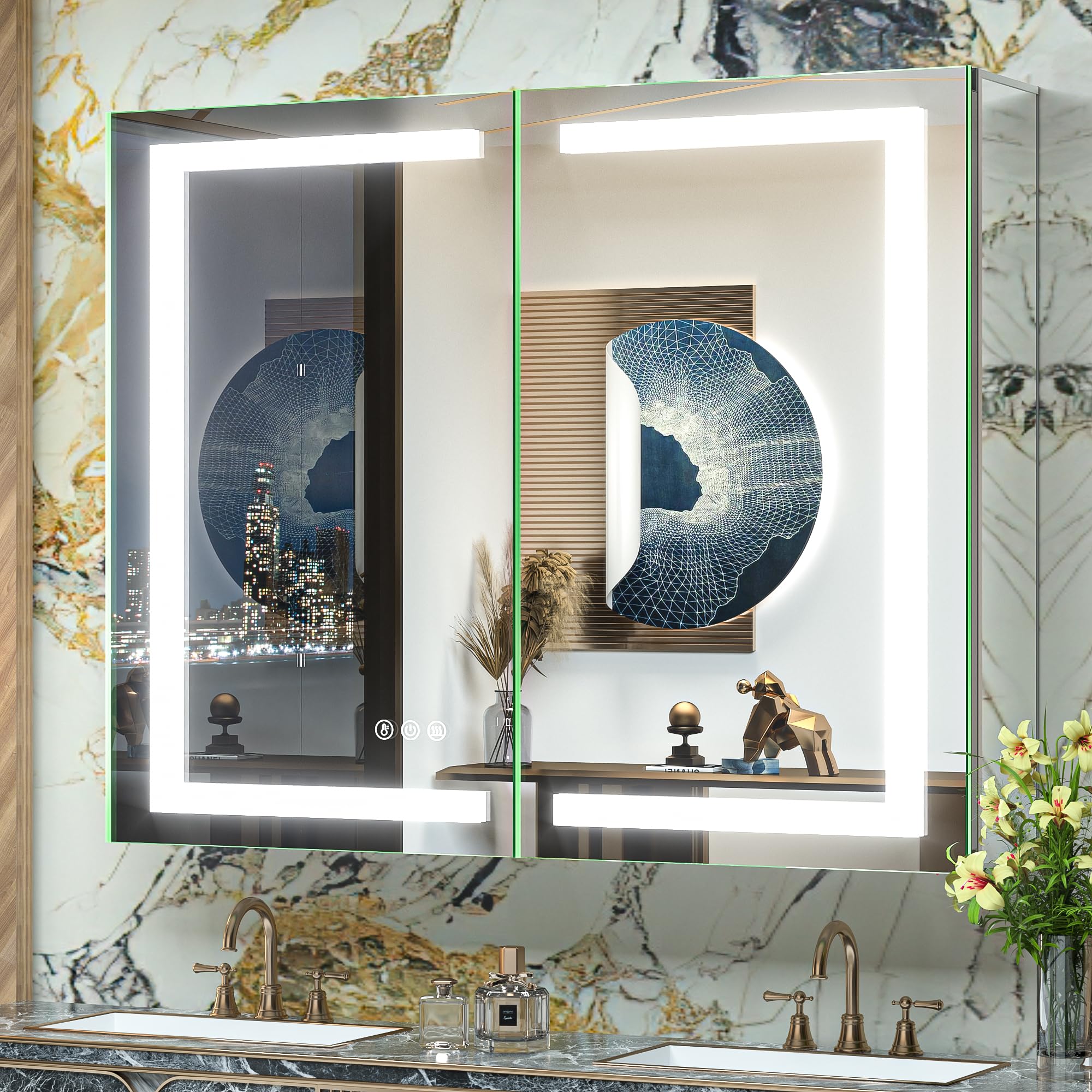 TokeShimi 40x32 Surface Mount Medicine Cabinet Mirror with Electrical Outlet, Frontlit Anti-Fog 3 Colors Temperature Dimmable Surface or Recessed Mount for Bathroom Vanity and Modern