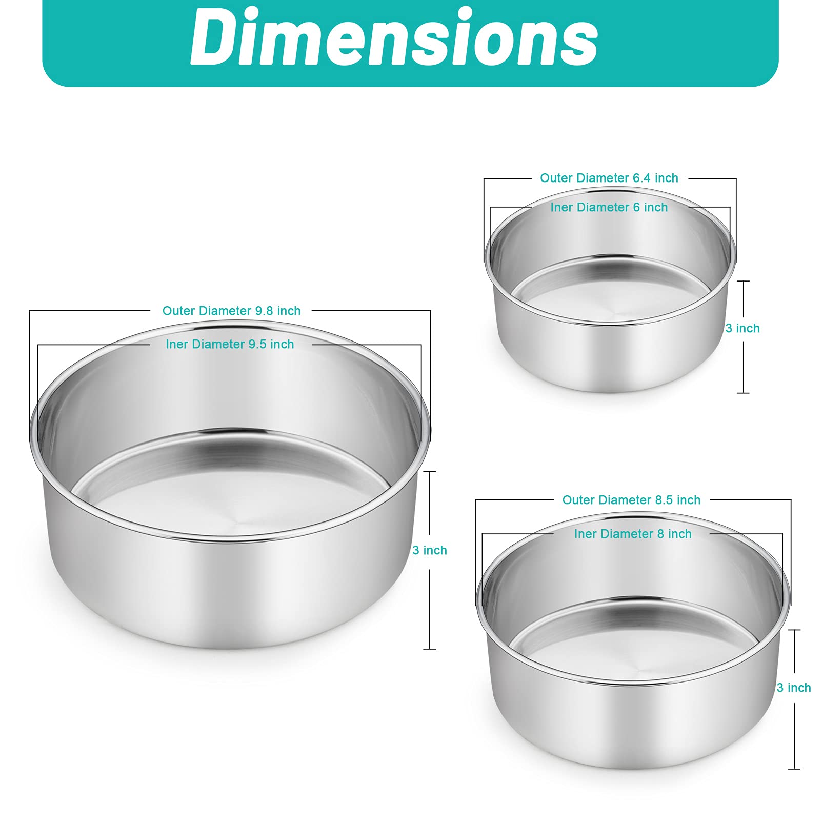 TeamFar 6/8 / 9 Inch Cake Pan, Stainless Steel Round Baking Pan for Cake Brownie Lasagna, Non-Toxic & Heavy Duty, 3β Deep Wall & One Piece, Smooth & Dishwasher Safe-Set of 3
