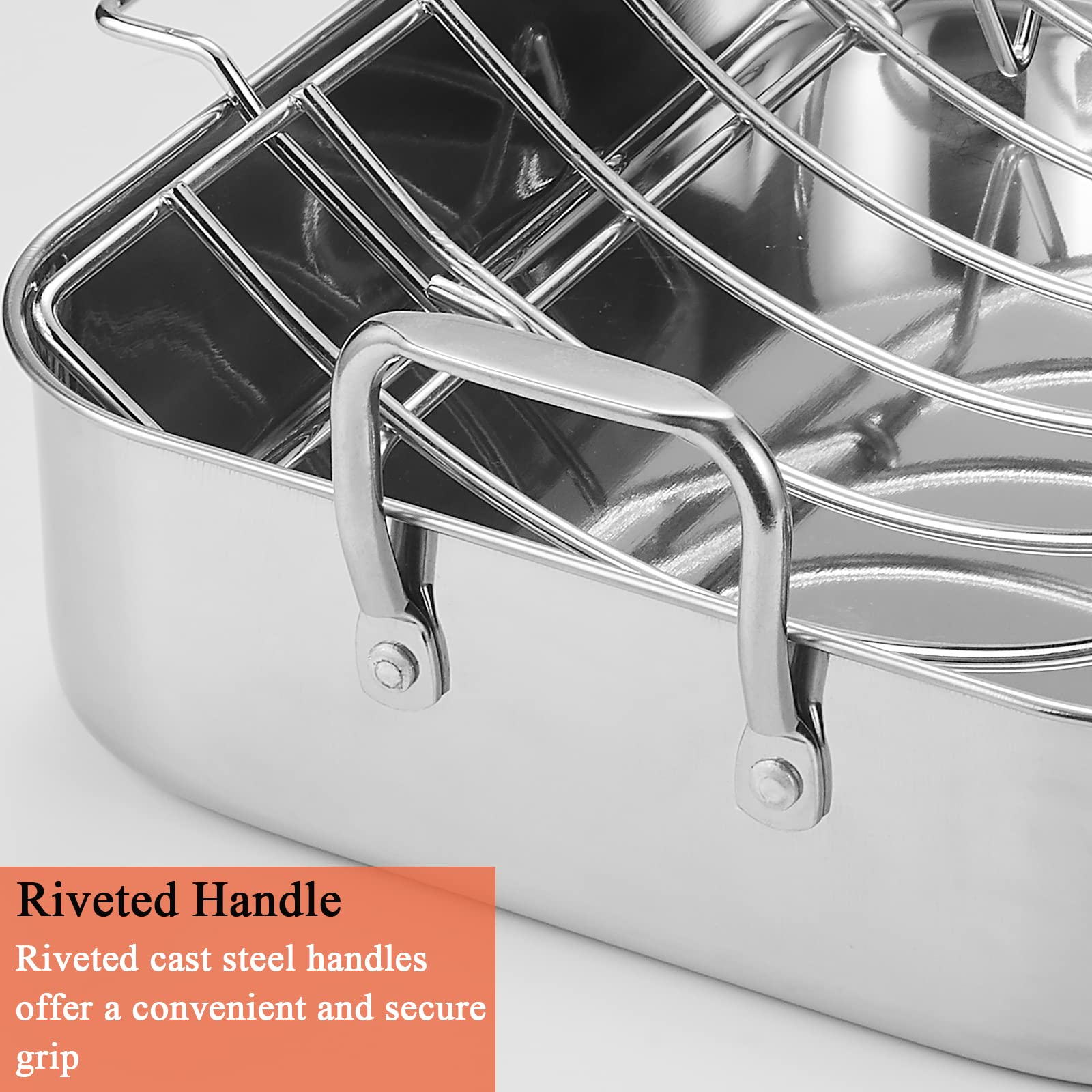 WEZVIX Stainless Steel Roasting Pan with Rack, 16.5 Inch Rectangular Turkey Roaster Lasagna Pan for Roasting Turkey, Chicken, Meat & Vegetables, Non-toxic & Heavy Duty, Easy Clean & Dishwasher Safe
