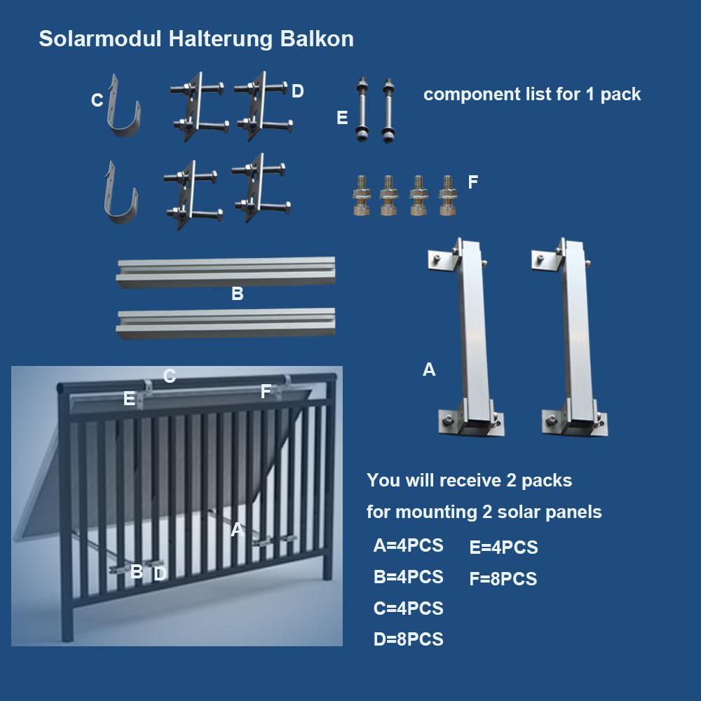 Solar Panel Mounting Brackets Balcony Power Station Holder for 2 Solar Panels Tilt Angle 0°20-30°