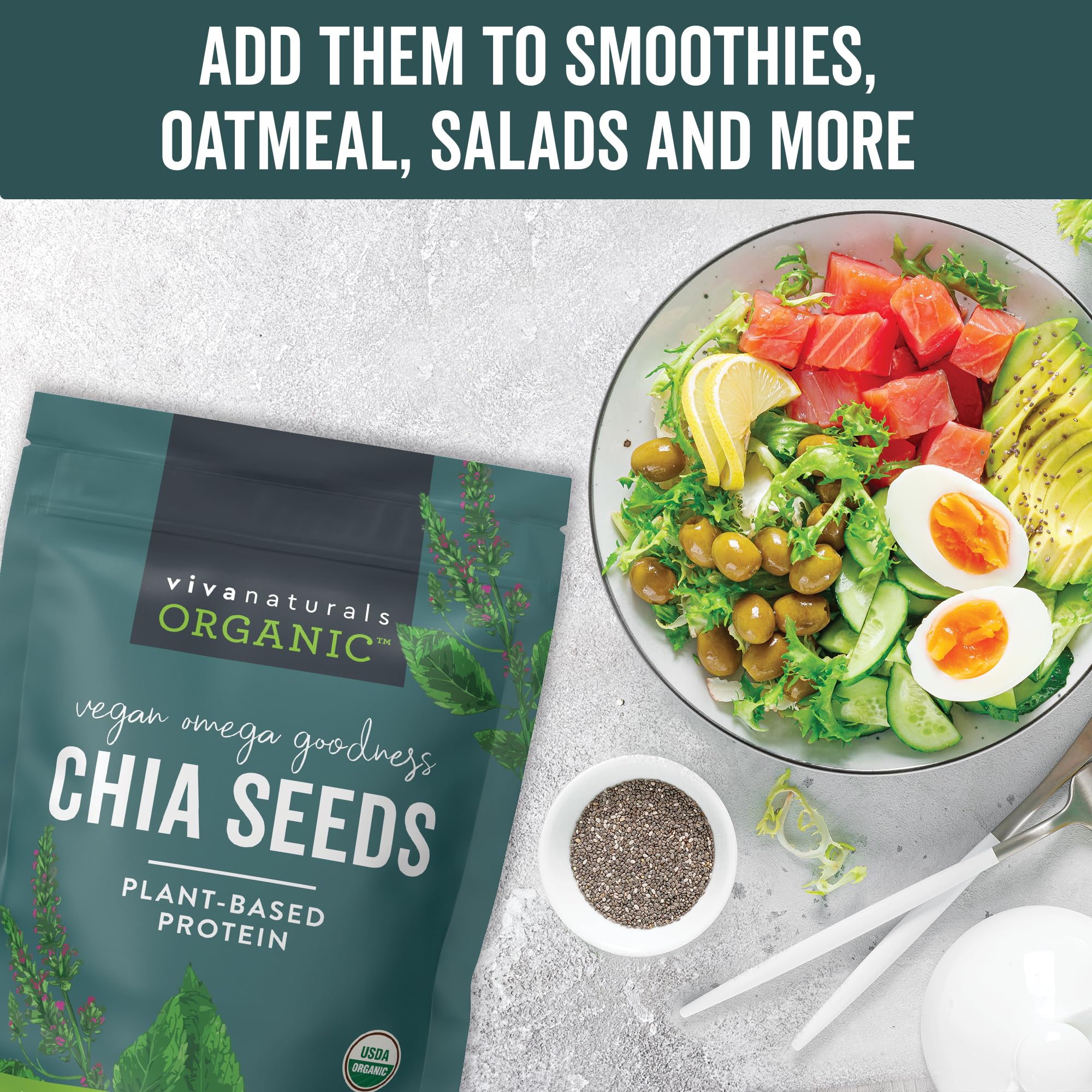 Viva Naturals Organic Chia Seeds 2 LBs - Plant-Based Omega-3 and Vegan Protein, Non-GMO Chia Seeds Organic Perfect for Smoothies, Salads and Chia Seed Pudding, Black Chia Seeds Bulk