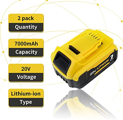 POWTREE Upgraded 7.0Ah 2Pack DCB206 Replacement Battery Compatible with Dewalt 20V Max XR DCB206 DCB204 DCB207 DCB200-2 DCB180 DCD985B DCB200, 20Volt Max Tools DCD/DCF/DCG Series
